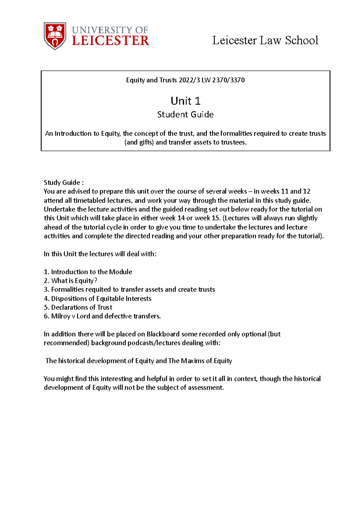 TUtorial 1 - EU LAW - Leicester Law School Equity and Trusts 2022/3 LW ...