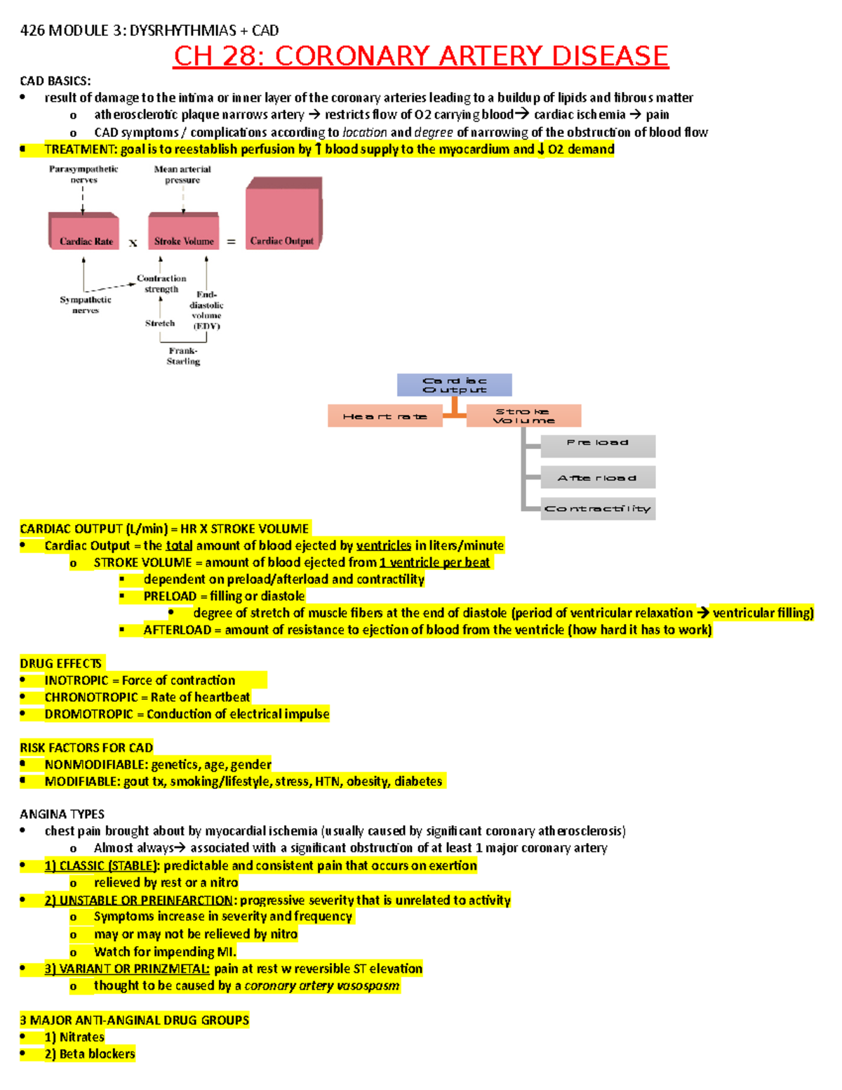 426 module 3 CAD drugs - 426 MODULE 3: DYSRHYTHMIAS + CAD CH 28 ...