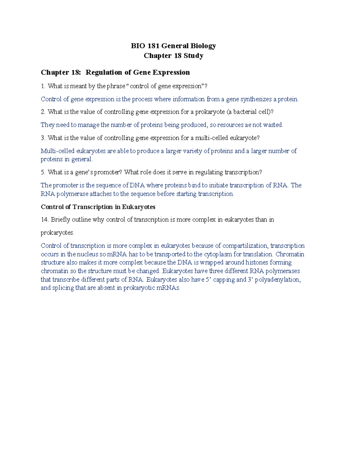 Chapter 18 Study Guide F23 - BIO 181 General Biology Chapter 18 Study ...
