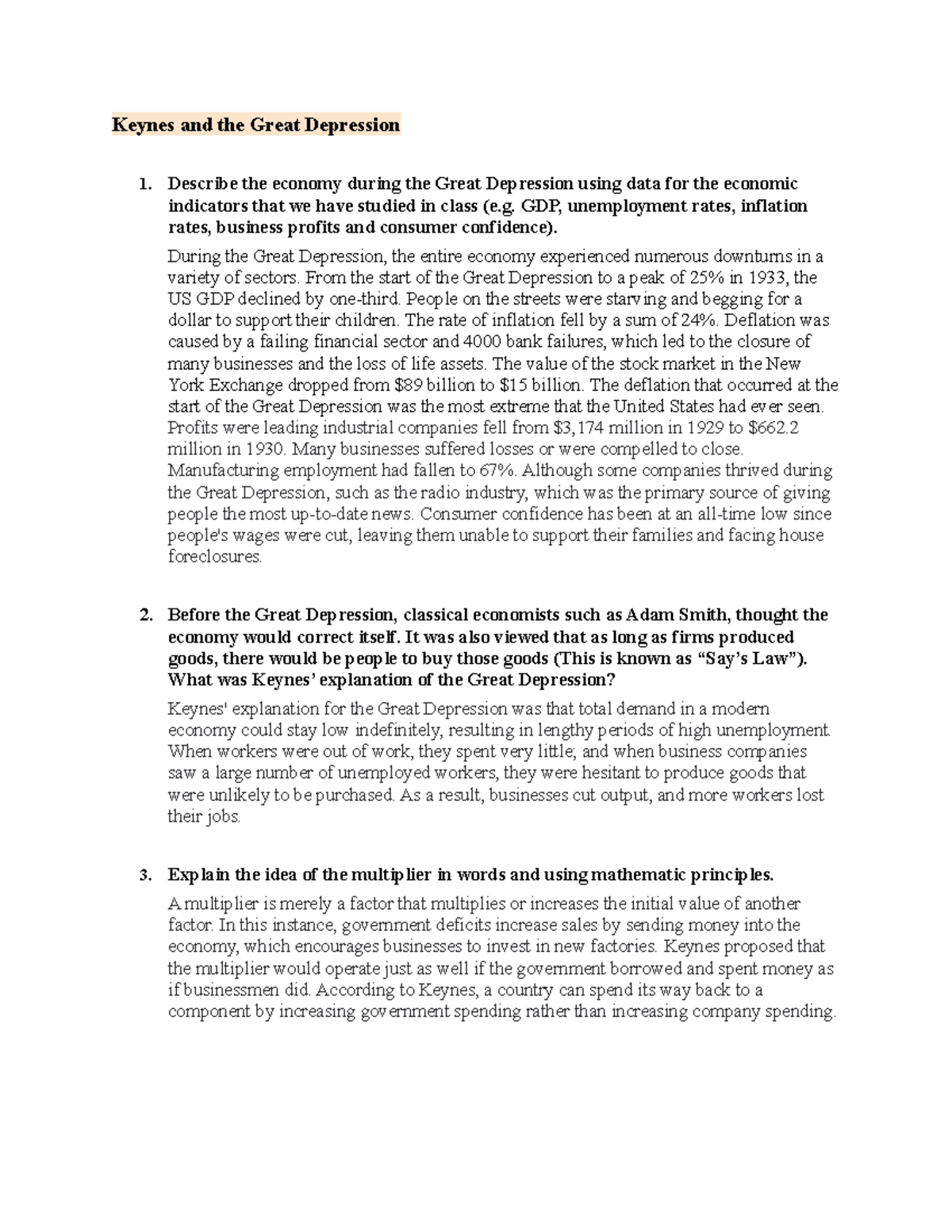 Econ 102 - Great Depression - Keynes and the Great Depression Describe ...