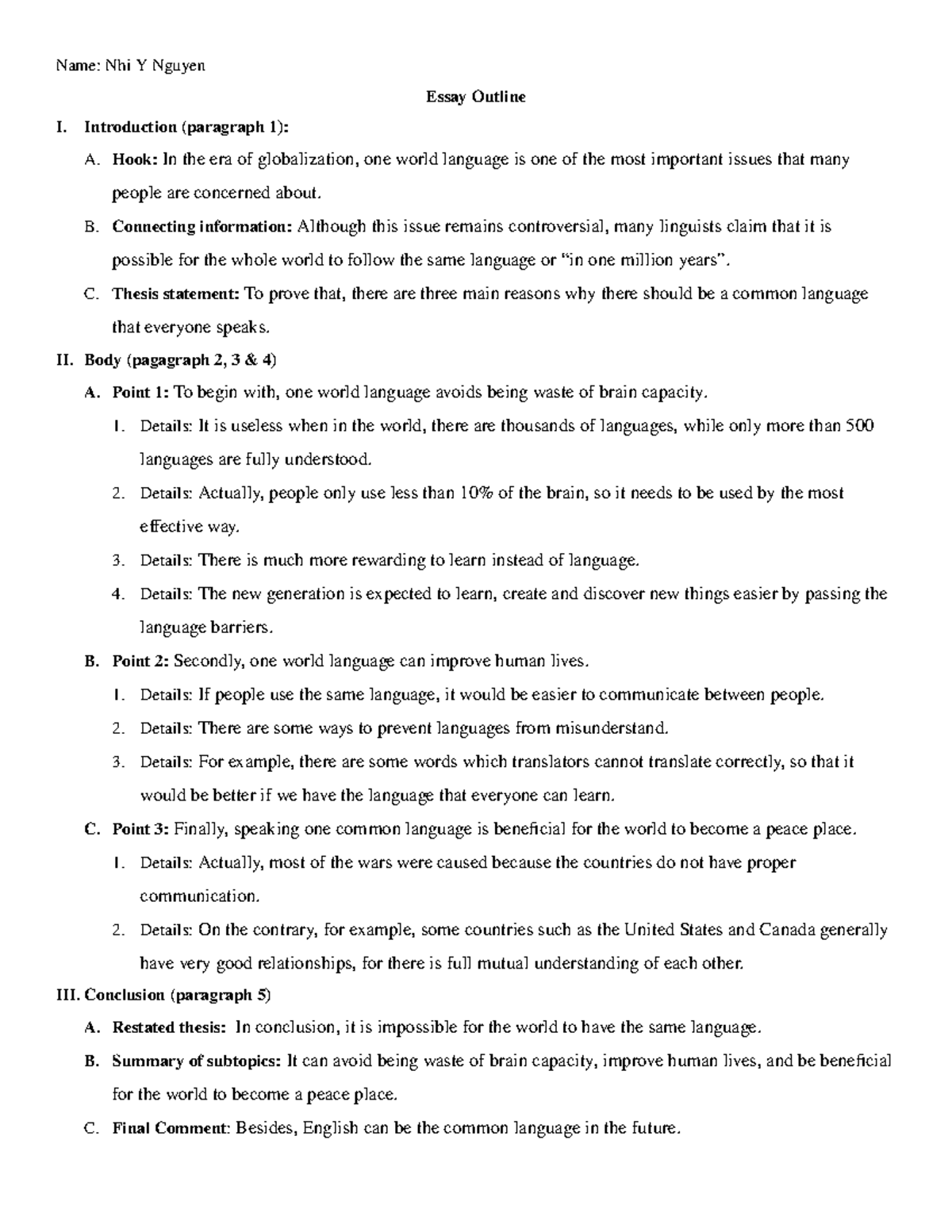 Language Outline - Essay - Name: Nhi Y Nguyen Essay Outline I ...