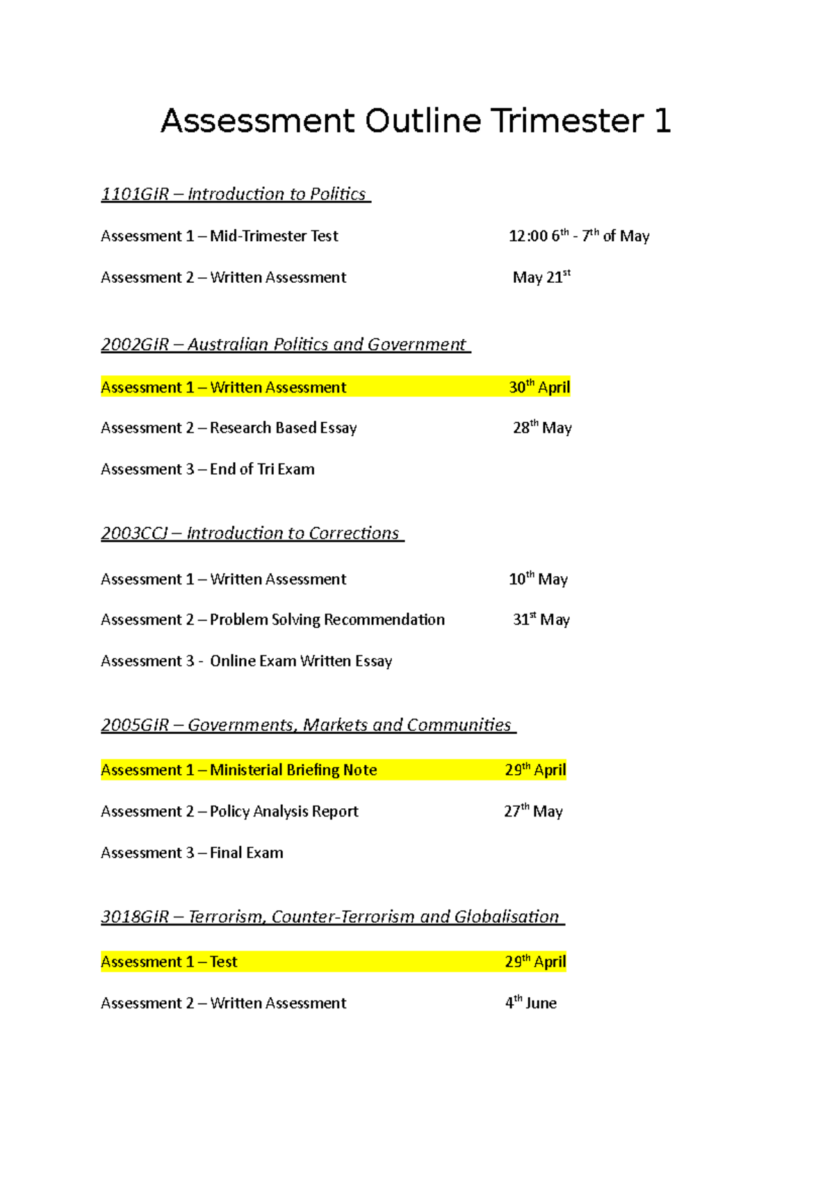 Assessment Outline Trimester 1 - 2013CCJ - Griffith - Studocu