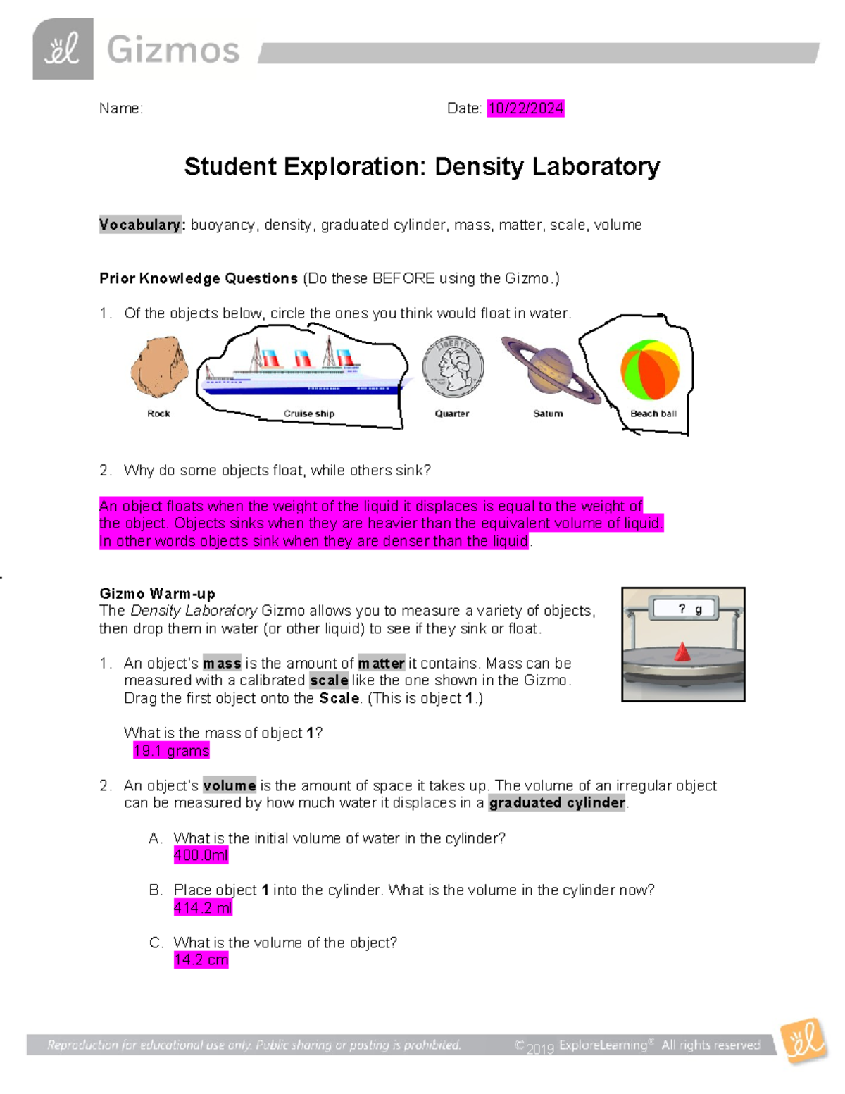 Gizmo Density Exploration Sheet - Name: Date: 10/22/ Student ...