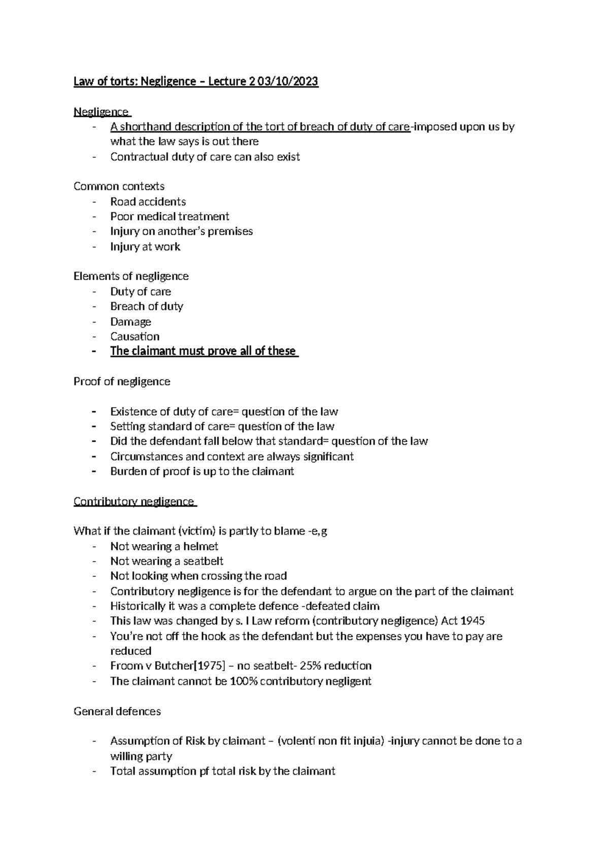 Law of torts-lecture 2 03 - Law of torts: Negligence – Lecture 2 03/10/ Negligence - A shorthand ...