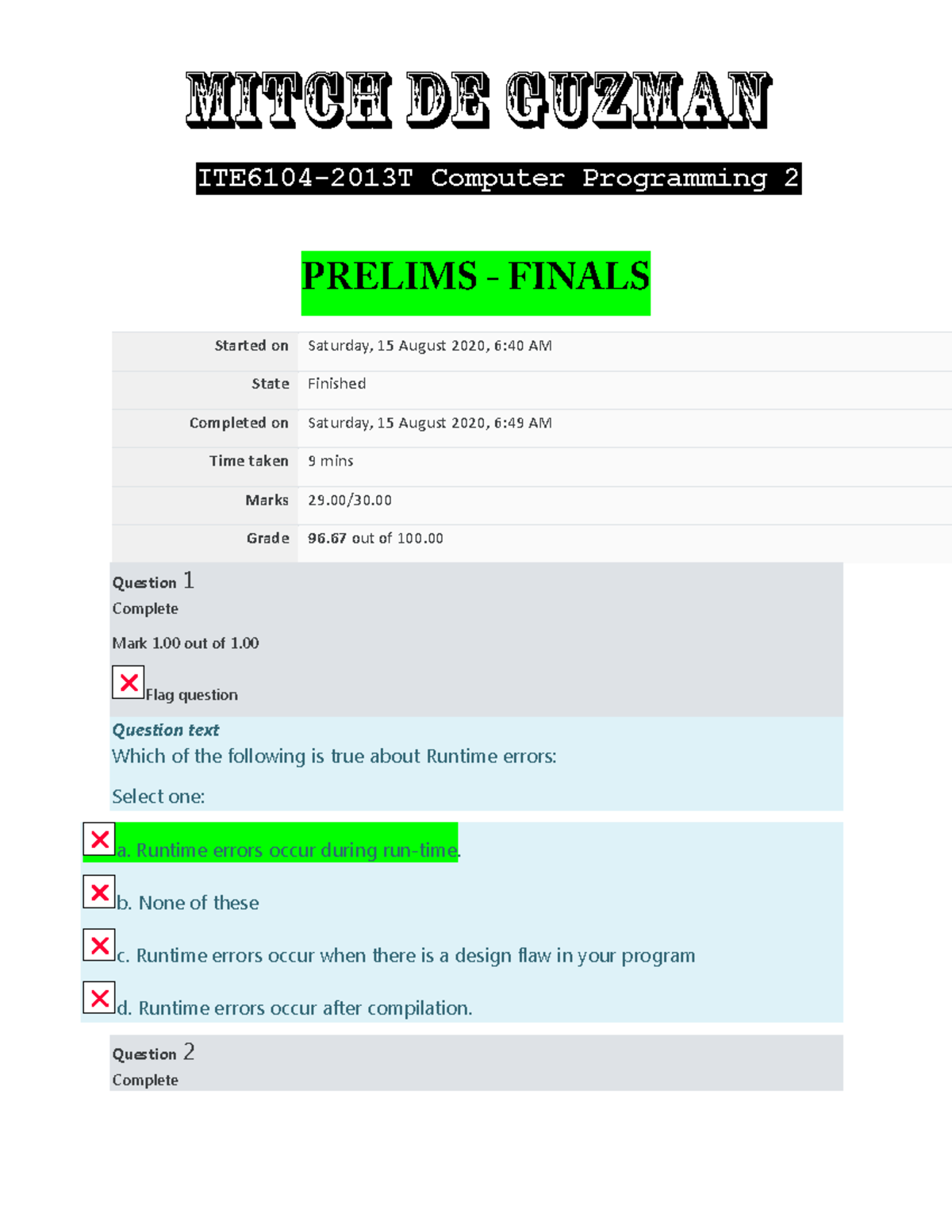 Comprog-2-PMF-by-Mitch DG - Started on Saturday, 15 August 2020, 6:40 AM State Finished ...