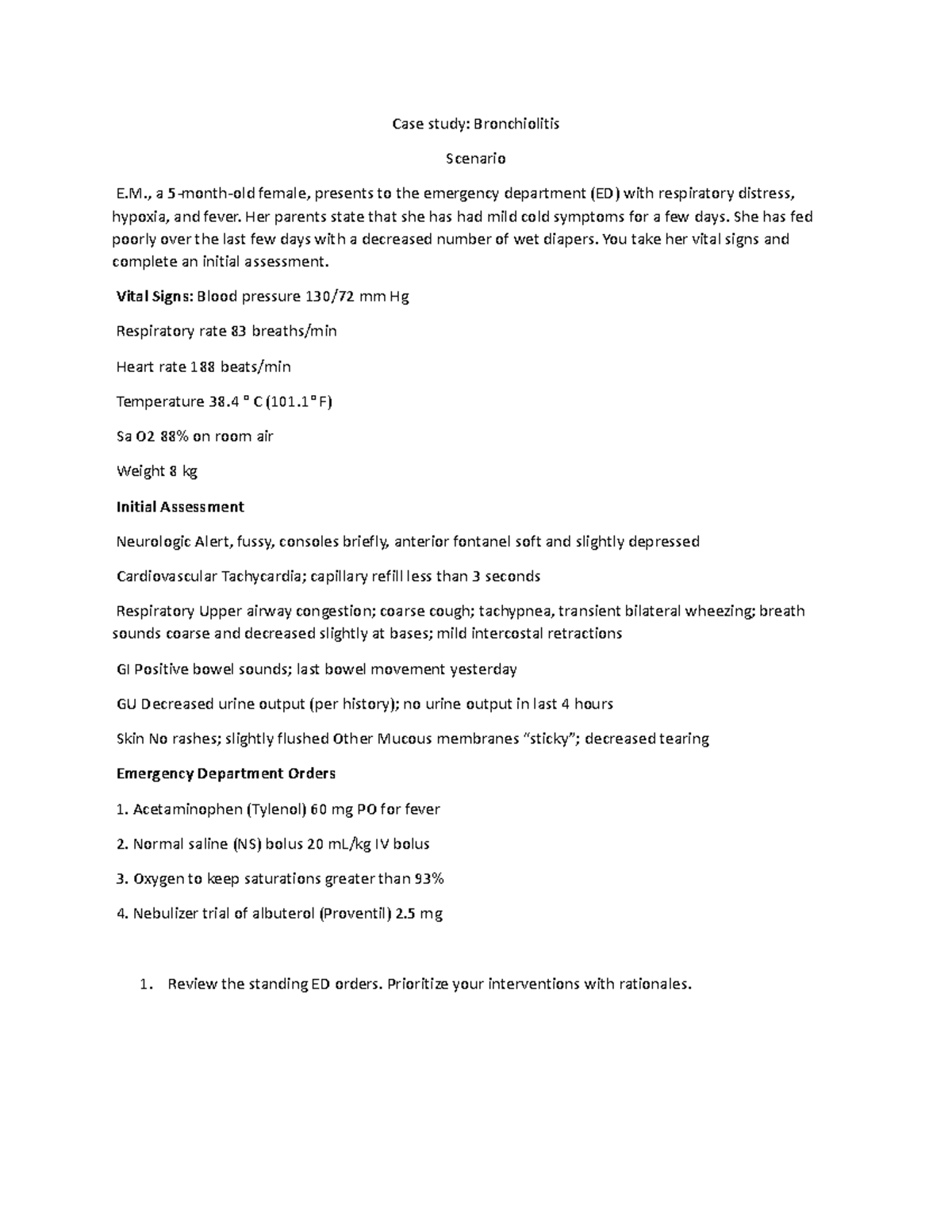 Bronchiolitis Case Study: Assessment Interventions and Management - Studocu