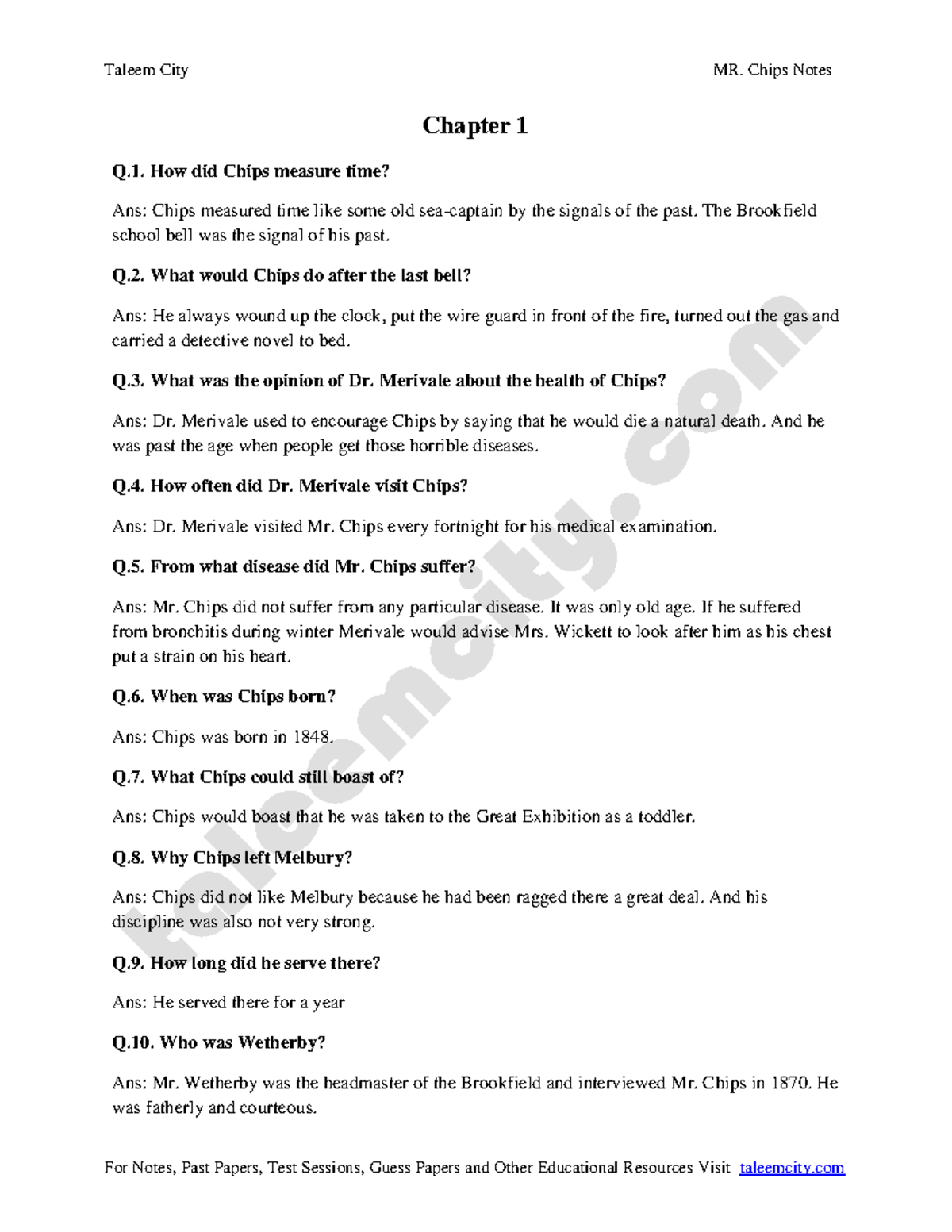 Mr Chips Important Short Questions - English - UAF - Studocu