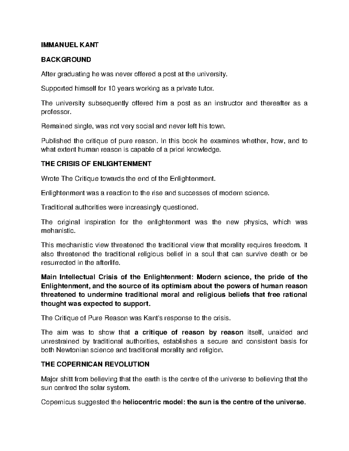 Immanuel KANT - Summary Introduction to Philosophical Ideas I - IMMANUEL KANT BACKGROUND After ...