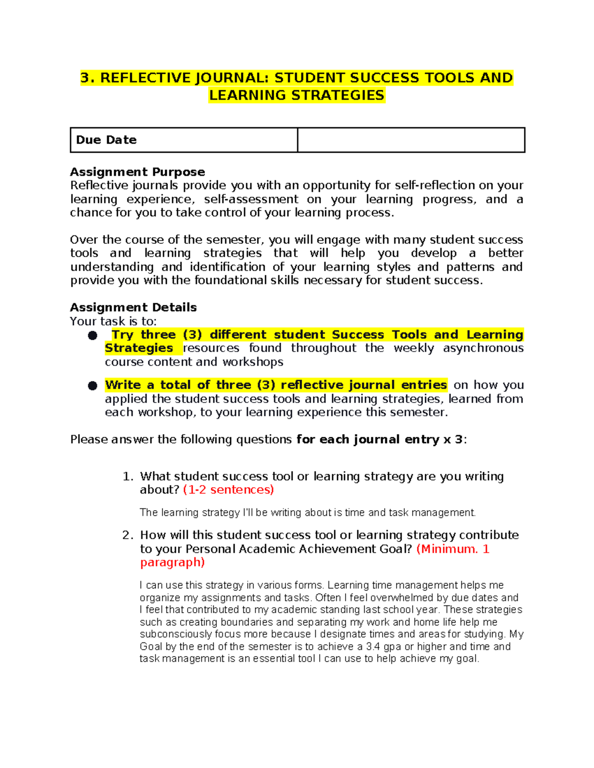 Reflective Journal - 3. REFLECTIVE JOURNAL: STUDENT SUCCESS TOOLS AND ...