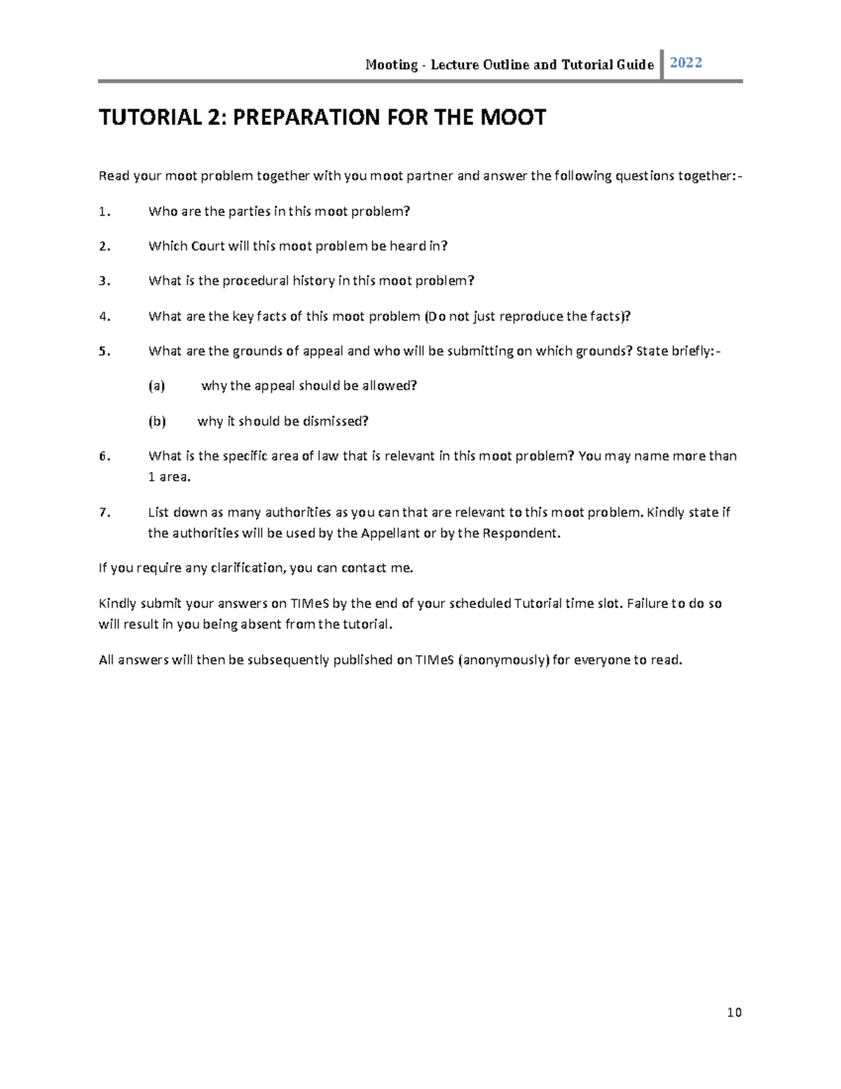 Tutorial 2 Mooting Lecture Outline And Tutorial Guide 2022 10 Tutorial 2 Preparation For
