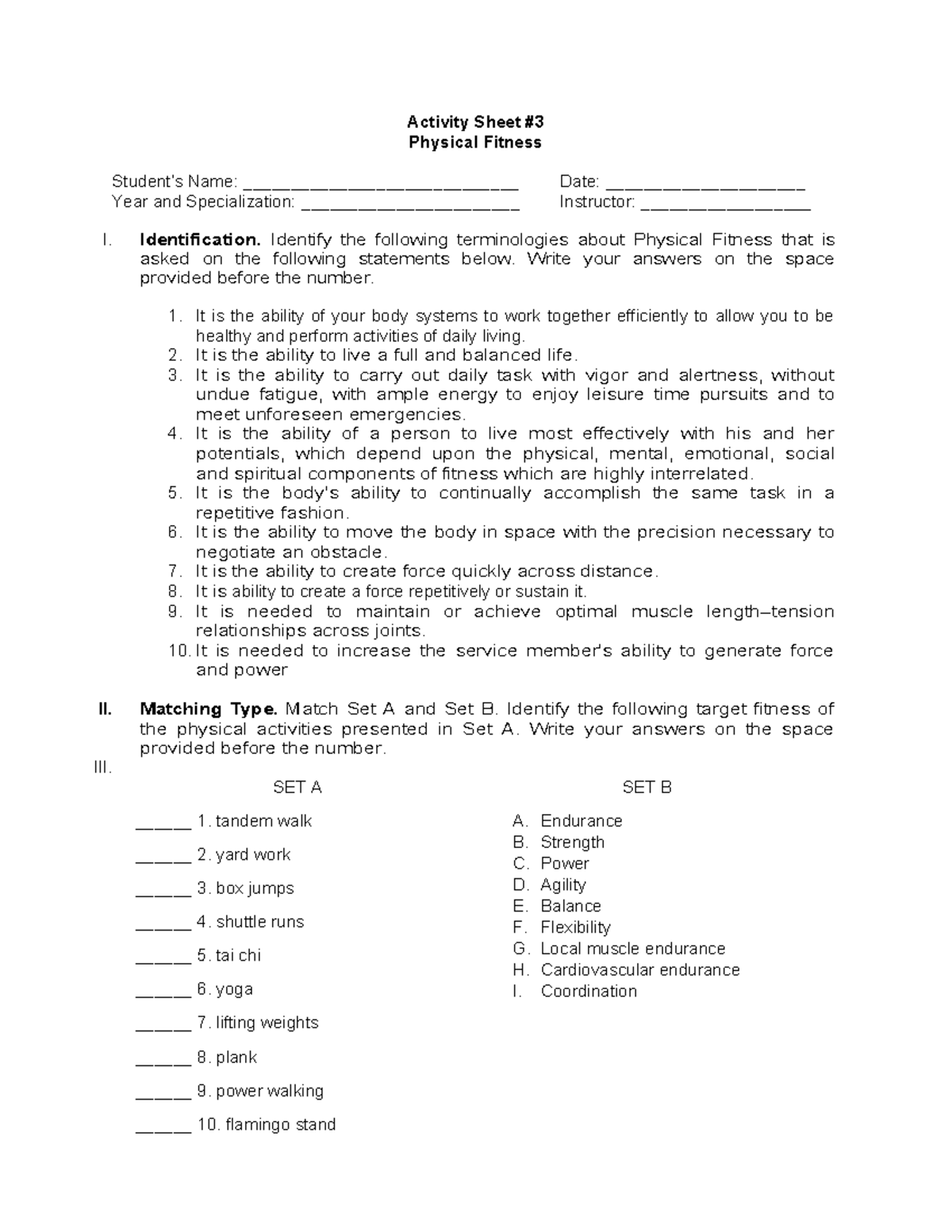 Activity Sheet 3 - activities - Activity Sheet # Physical Fitness ...
