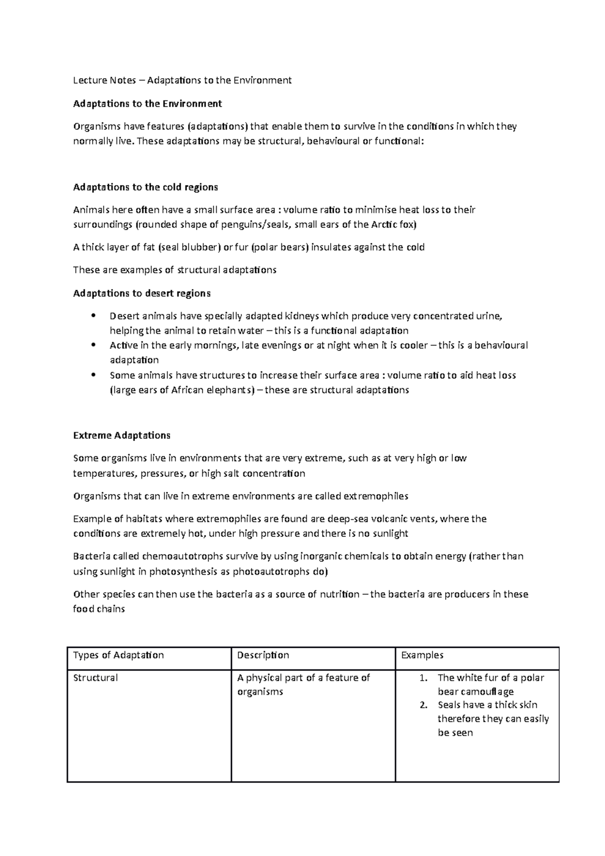Lecture Notes - Adaptations to the Enviroment - Lecture Notes ...