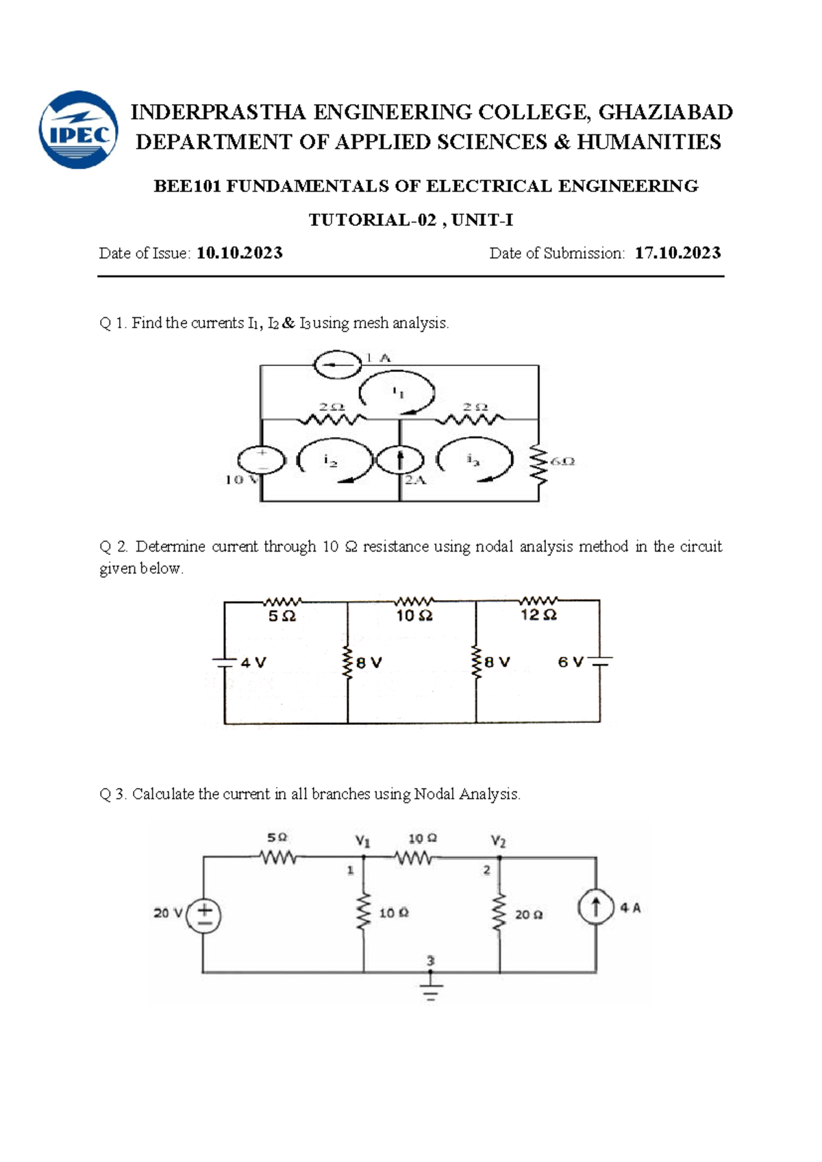TUTE Sheet 2 UNIT 1 BEE - gergjeptj4pet4pkt34tu34t3 - computer engineering - INDERPRASTHA - Studocu