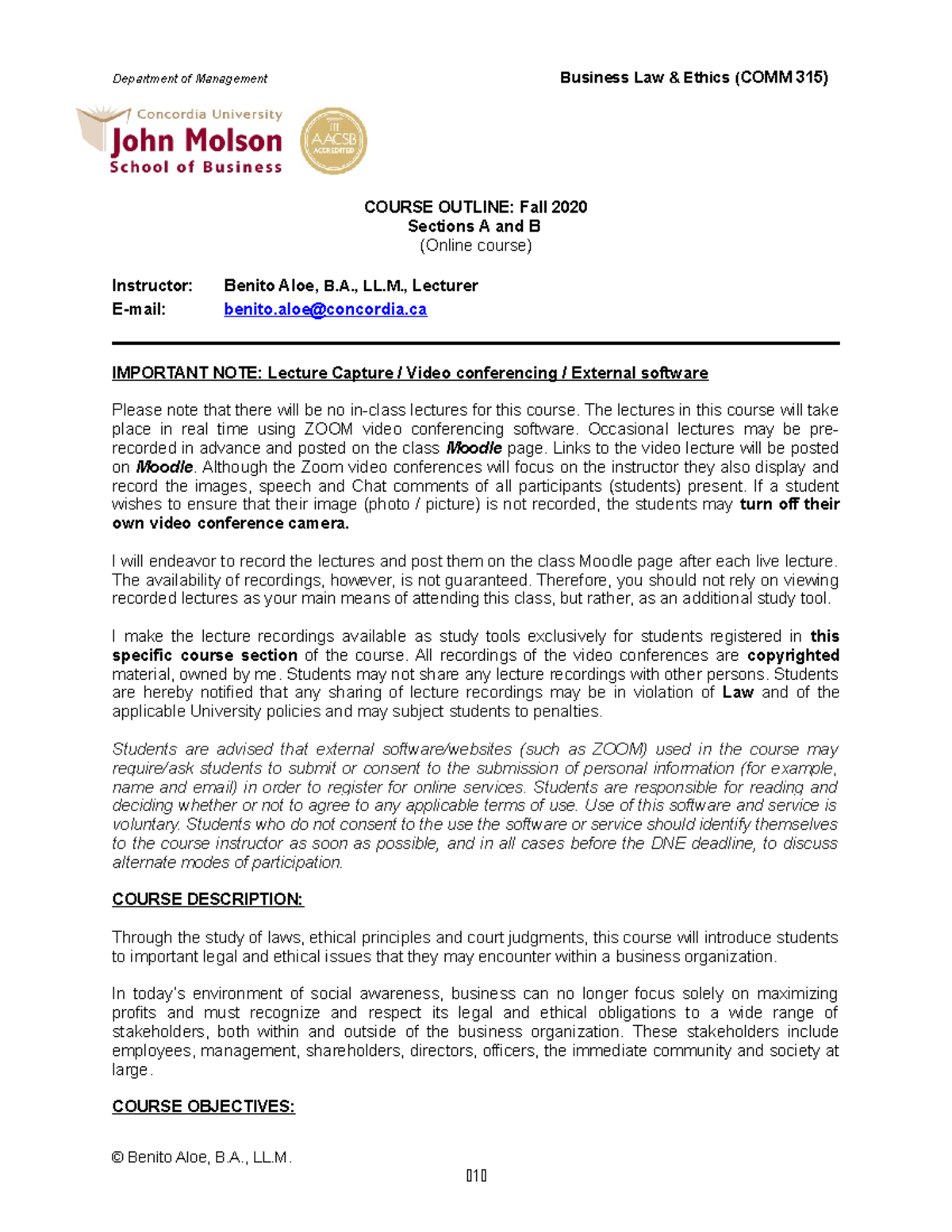 315 Course Outline, 2020 - COURSE OUTLINE: Fall 2020 Sections A and B ...