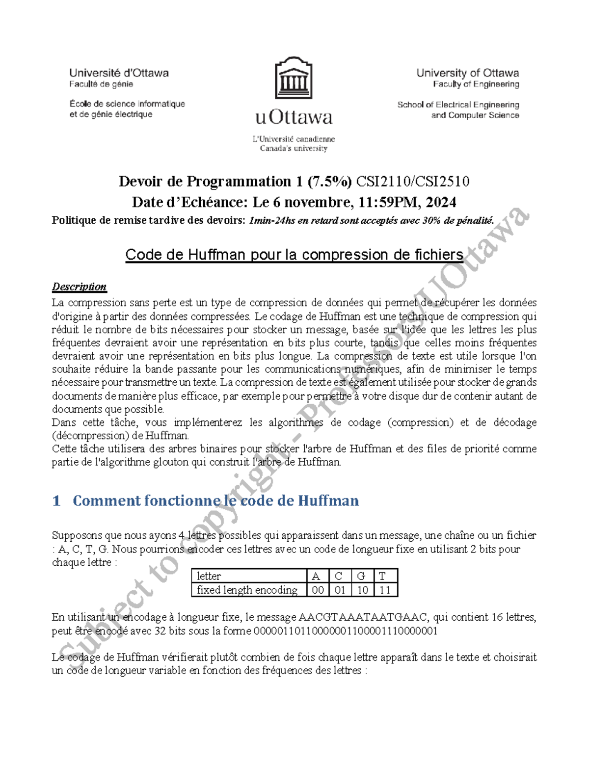 CSI2510 Automne 2024 Devoir Programmation 1 - Devoir de Programmation 1 (7%) CSI21 10 /CSI251 0 ...