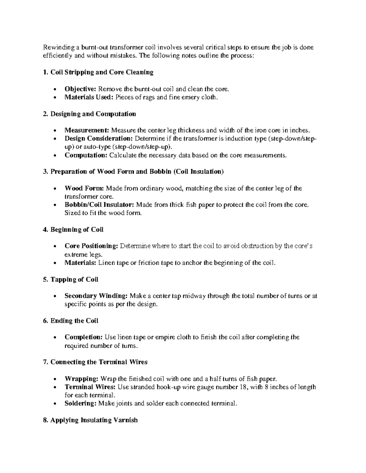 Rewinding - The following notes outline the process: Coil Stripping and ...