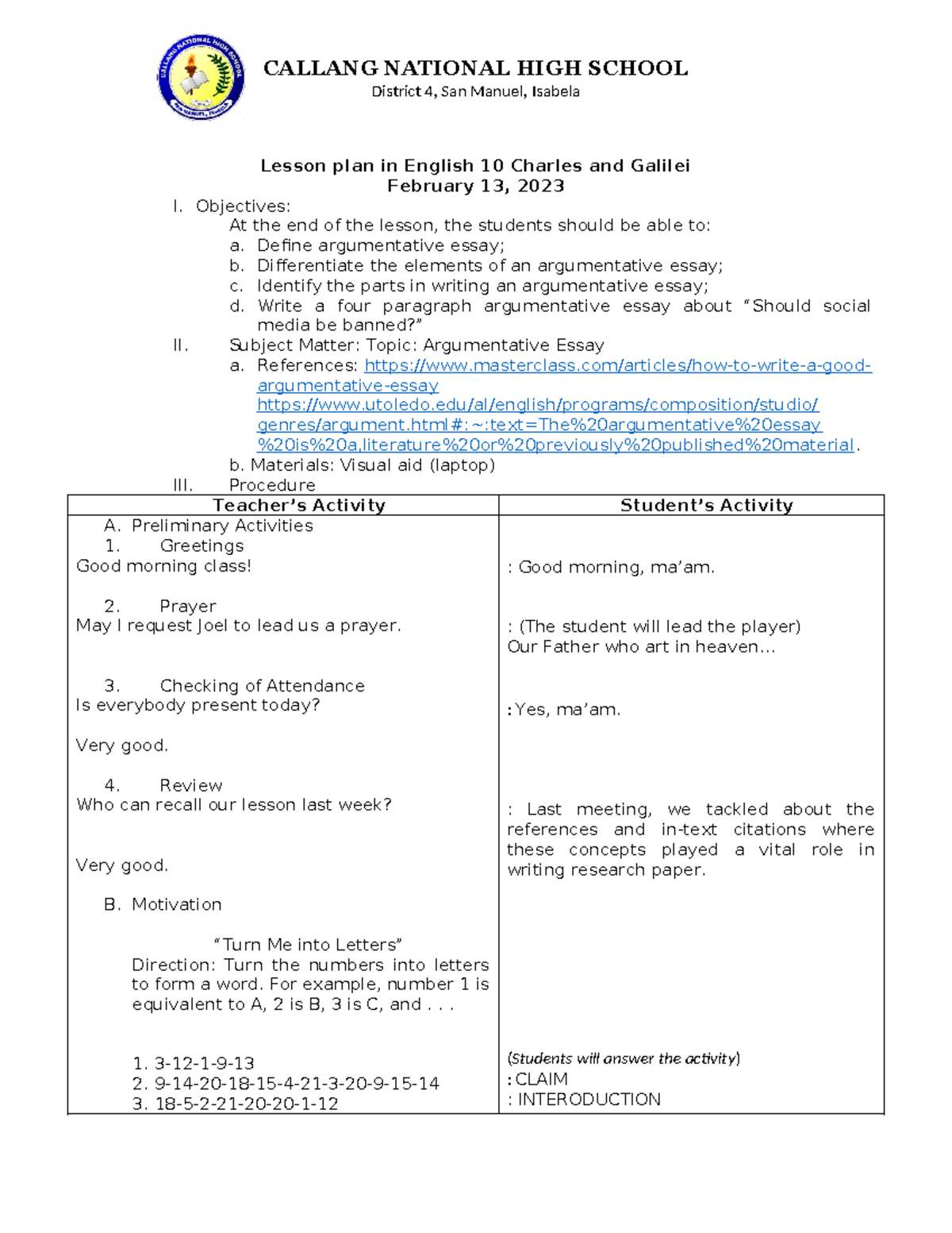 Argumentative essay-lessonplan - District 4, San Manuel, Isabela Lesson ...