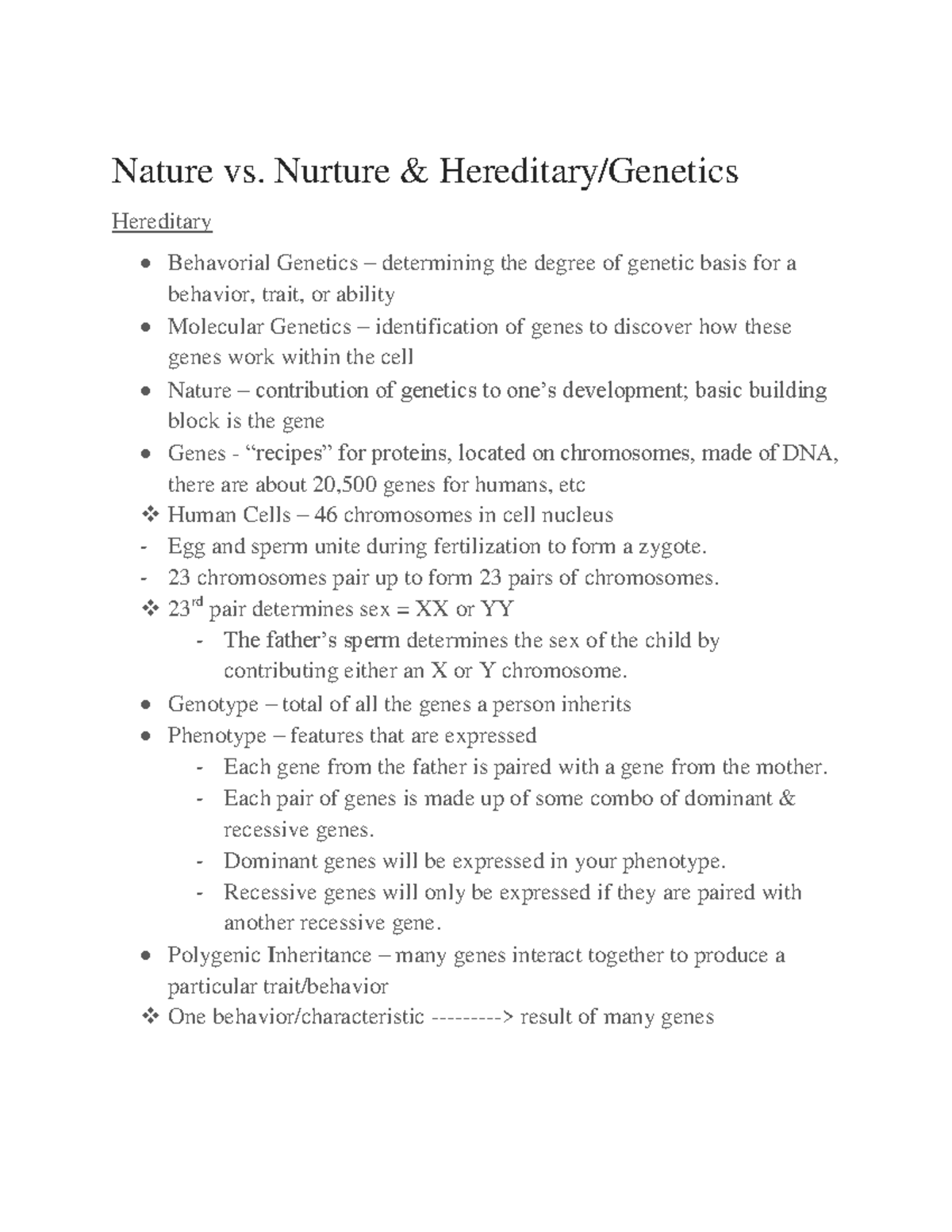 Child Psych Notes 2 - Nature vs. Nurture & Hereditary/Genetics ...