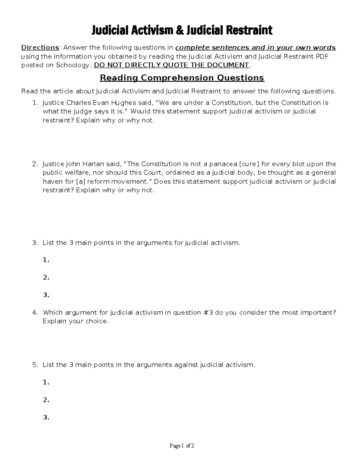 Judicial Activism Judicial Restraint - Questions - Judicial Activism ...