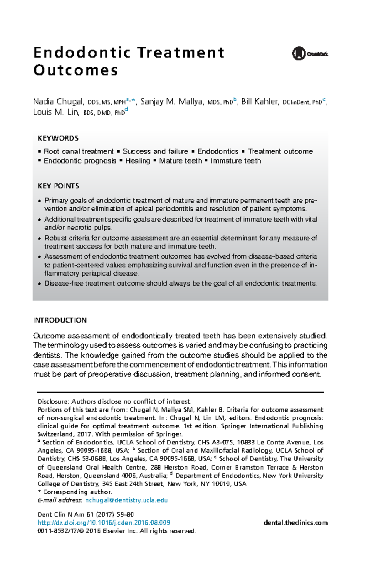 Chugal 2017 - Makalah - E n d o d o n t i c Tre a t m e n t O u t c o m e s Nadia Chugal, DDS ...