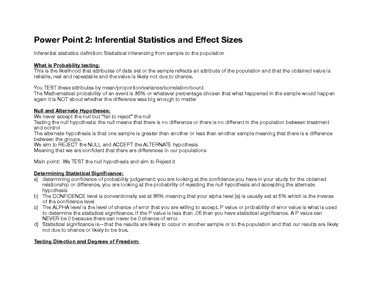 Inferential Statistics Study Guide - Power Point 2: Inferential ...