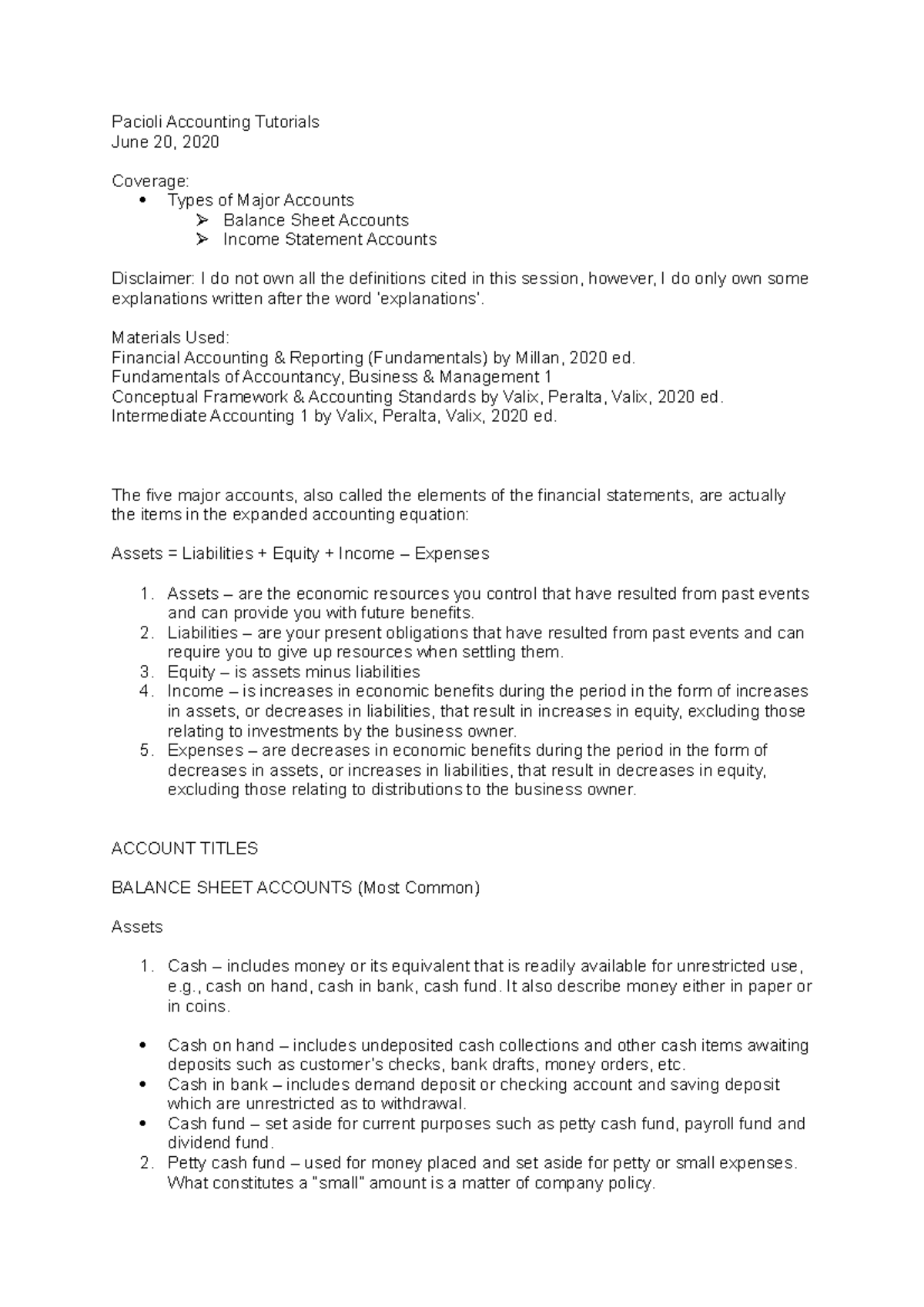 From Pacioli AT Account Titles - Pacioli Accounting Tutorials June 20 ...