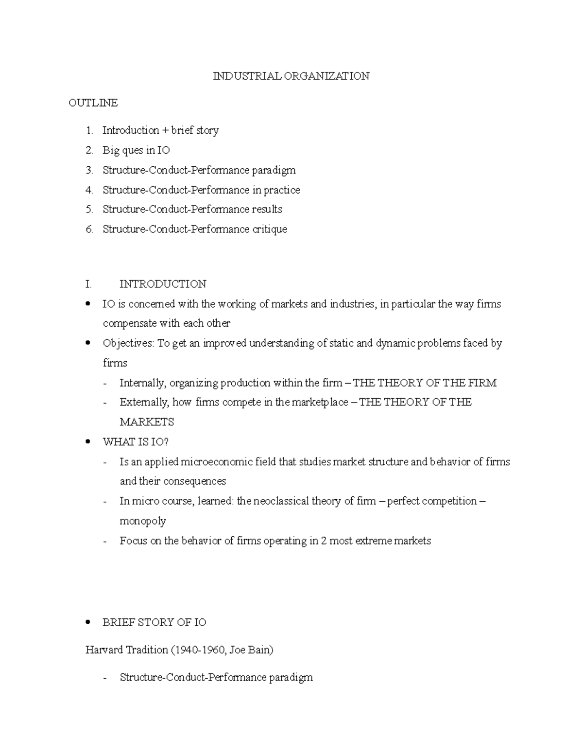 Industrial Organization - INDUSTRIAL ORGANIZATION OUTLINE Introduction ...