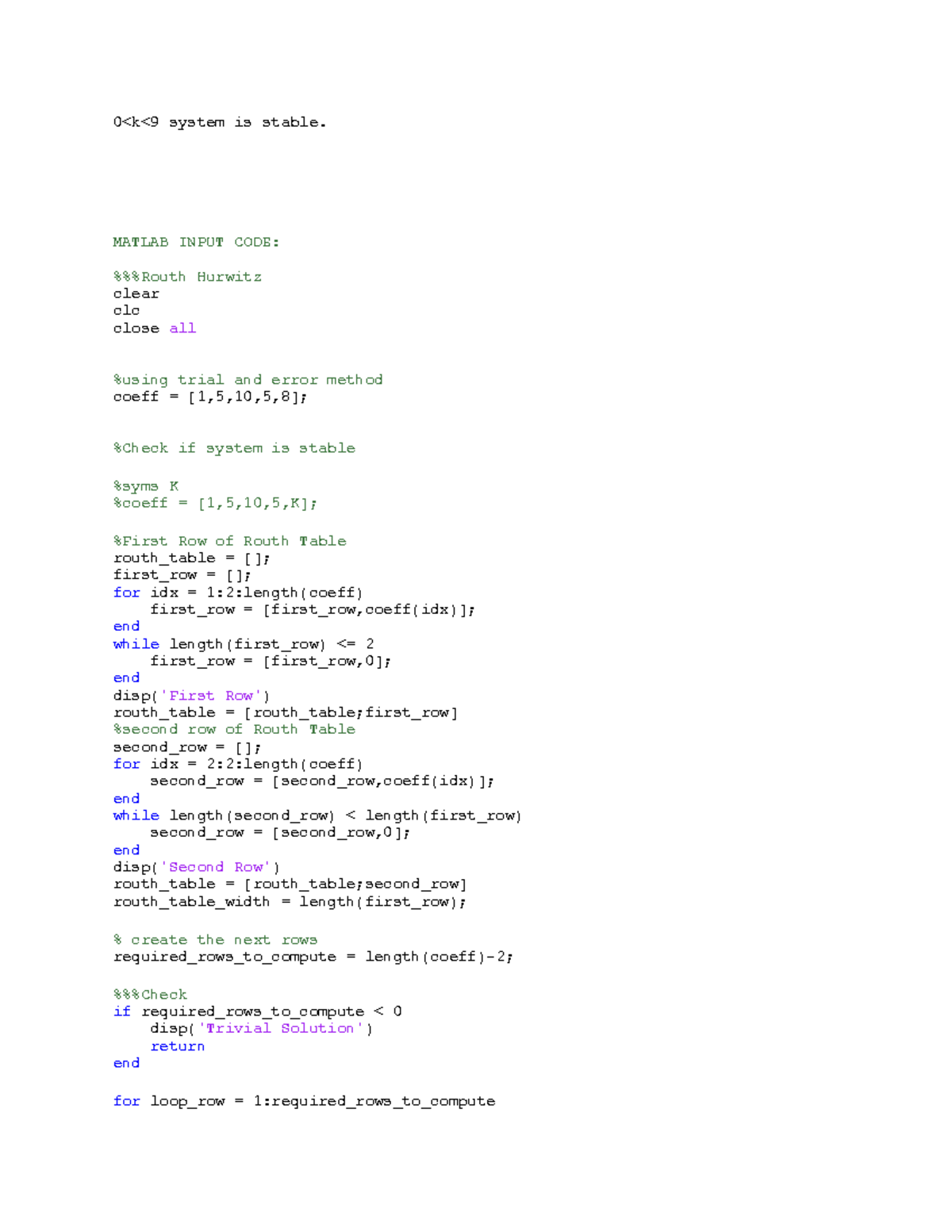 Routh Table Matlab Code For Final Assessment 0 