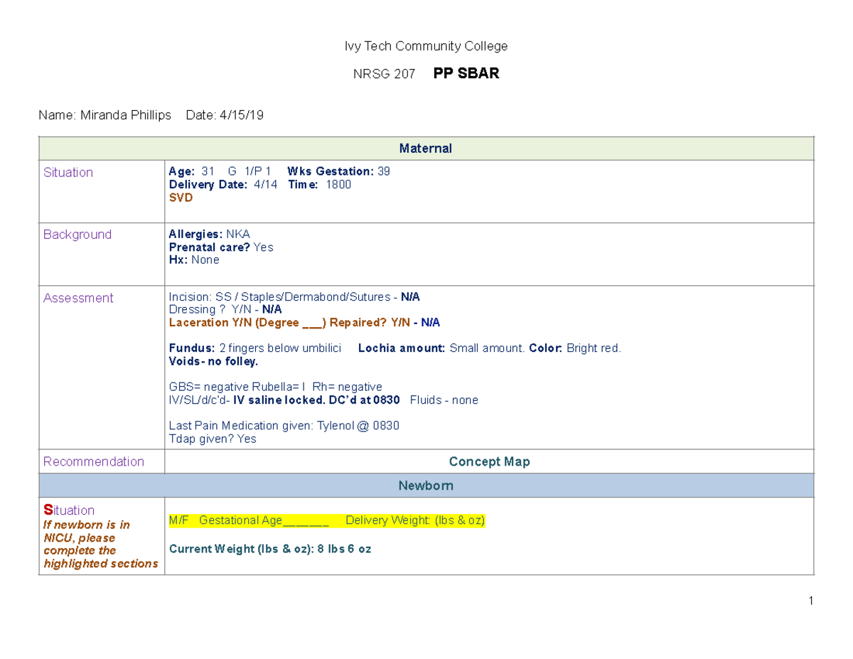 SBAR PP - OB clinical - NRSG 207 PP SBAR Name: Miranda Phillips Date: 4 ...