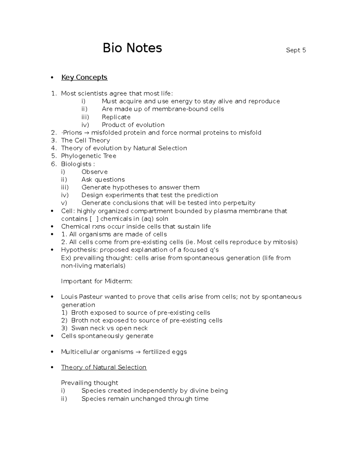 Biology 1 Notes - Bio Notes Sept 5 Key Concepts Most scientists agree ...