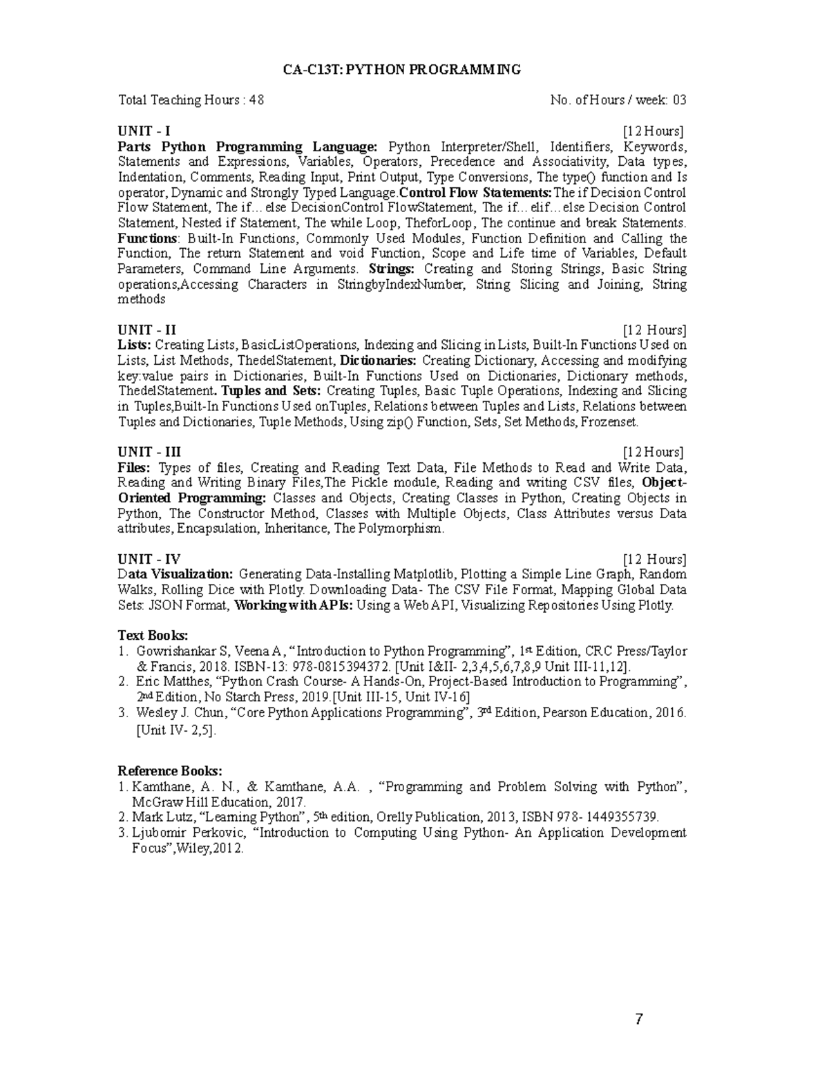 Python Programming Syallabus Ca C13t Python Programming Total Teaching Hours 48 No Of