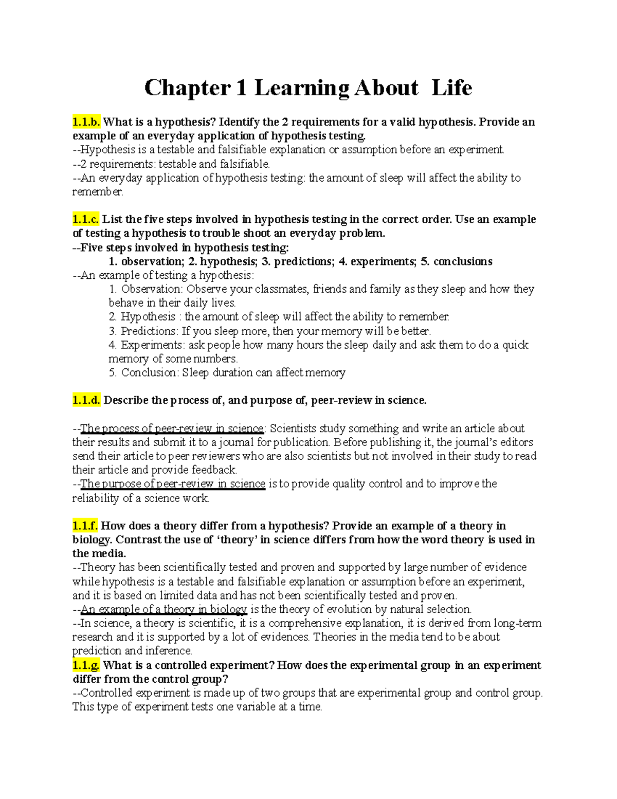 Exam 1 Study Guide - Barry Thomson - Chapter 1 Learning About Life 1.1 ...