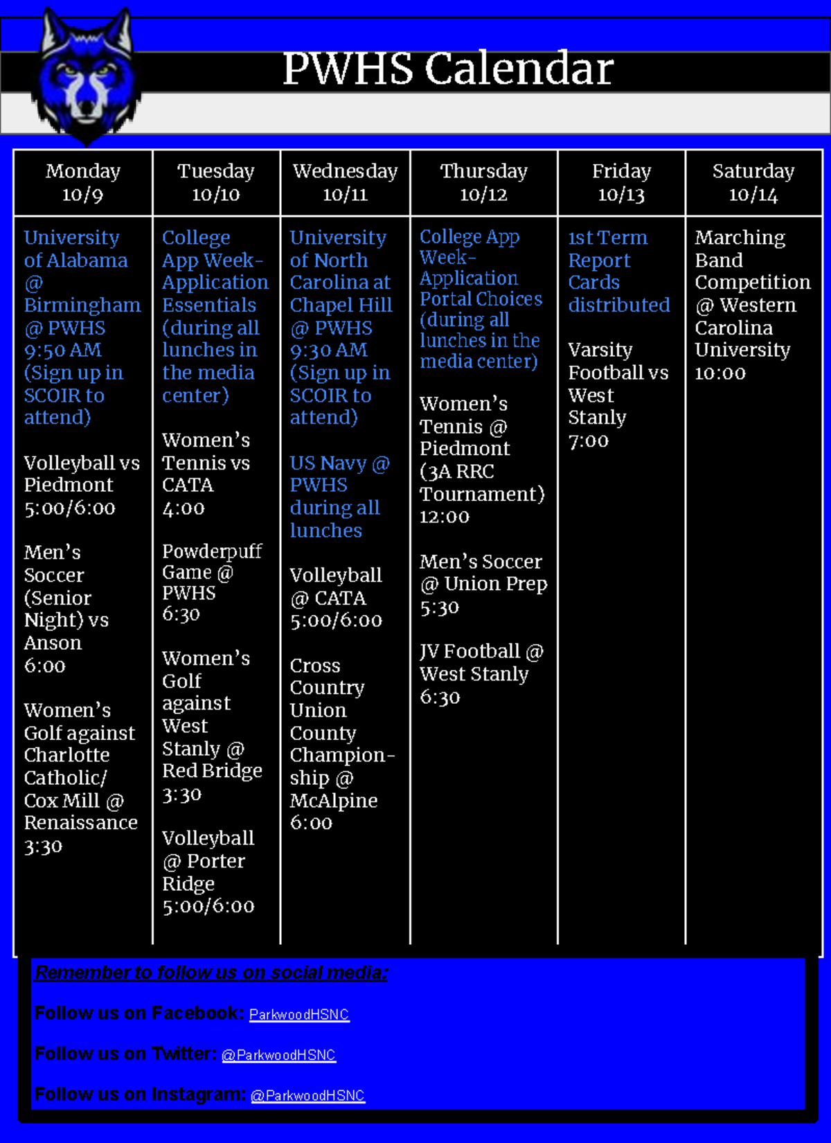 WPP Vol 2 Iss 8 - one - PWHS Calendar Monday 10/ Tuesday 10/ Wednesday ...