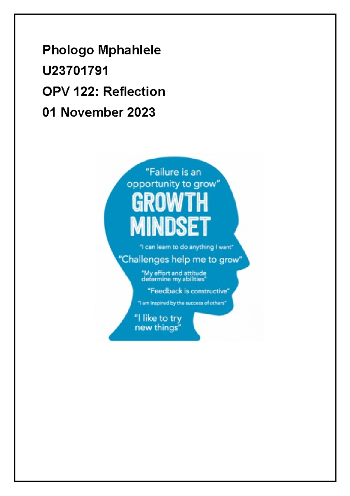 OPV 122 - Final Reflection Assessment 2023 Template pl - Phologo Mphahlele U OPV 122: Reflection ...
