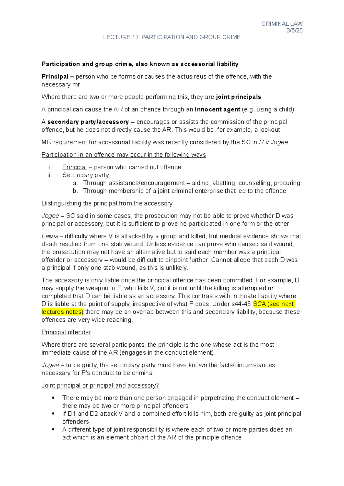 Criminal Law Lecture 17 - participation group crime - 3/5/ LECTURE 17 ...