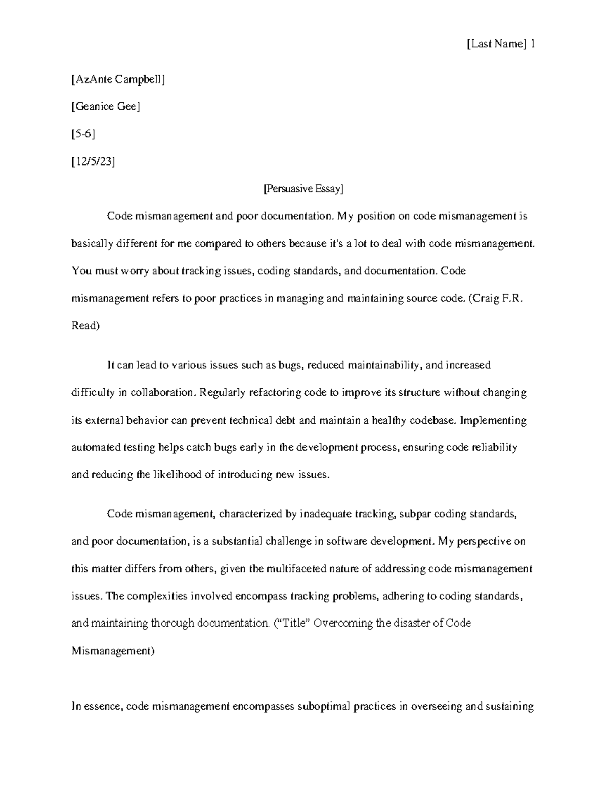 Document 2 - N/A - [Last Name] 1 [AzAnte Campbell] [Geanice Gee] [5-6 ...