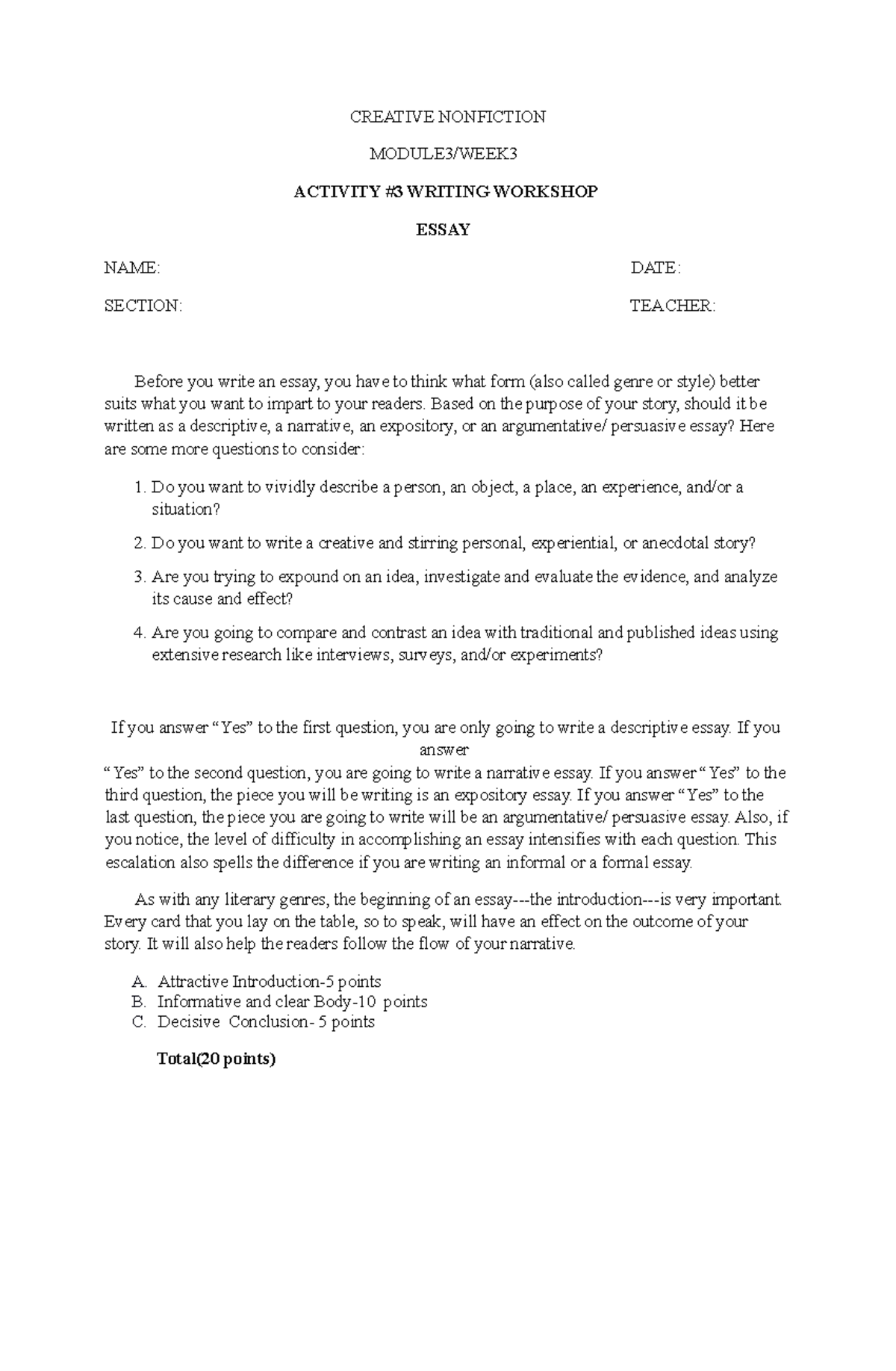 Creative Nonfiction Activity 3 Essay - CREATIVE NONFICTION MODULE3/WEEK ...