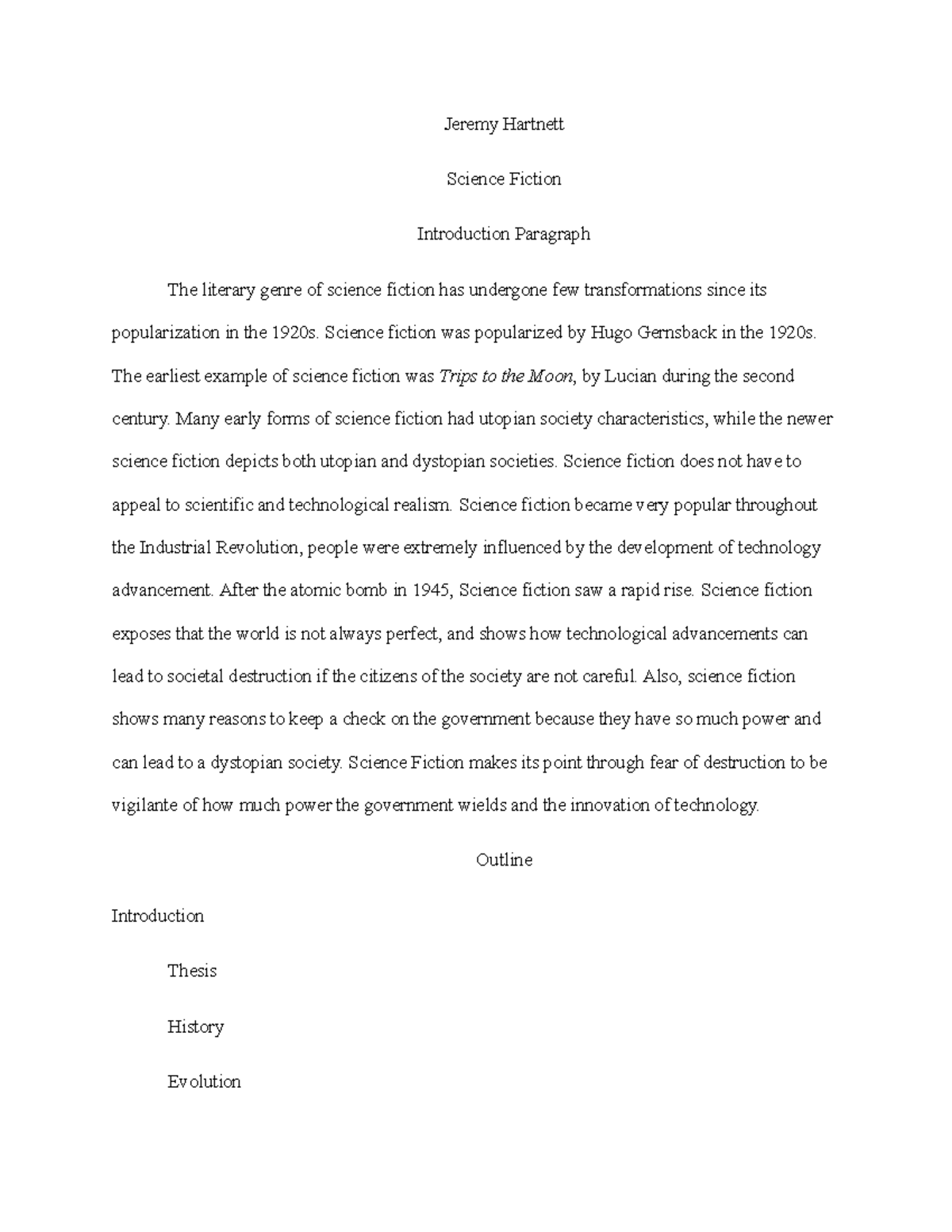 Science Fiction Outline - Jeremy Hartnett Science Fiction Introduction ...