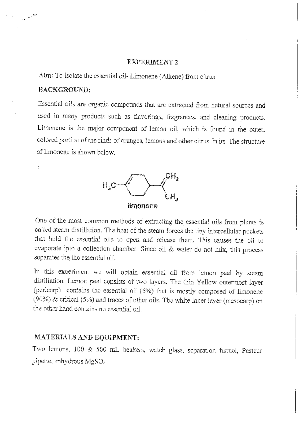 Labortary 2 Essential oil-Limonene - principles of inorganic & physical ...