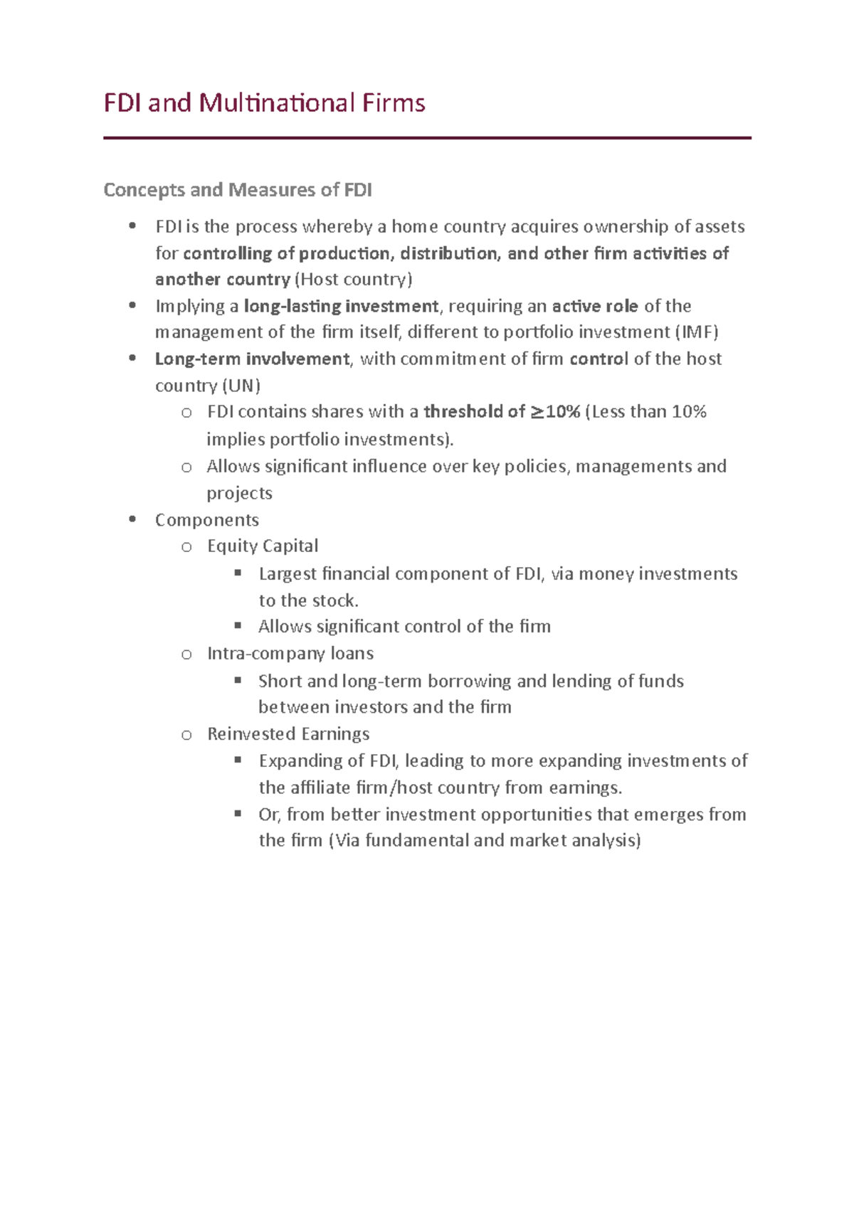 Unit 2 - Lecture notes 2 - FDI and Multinational Firms Concepts and ...