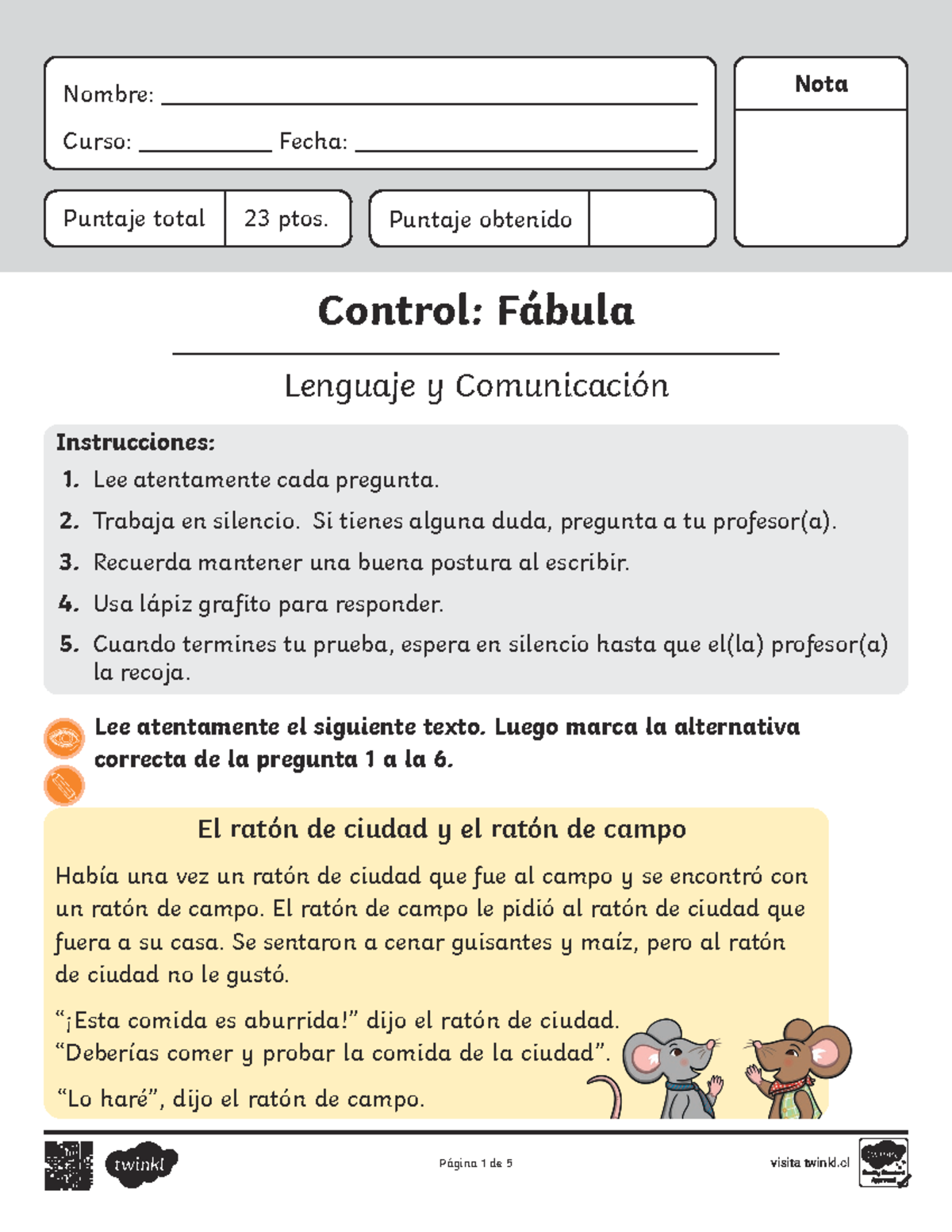 Control fabula 1 y 2 basico - El ratón de ciudad y el ratón de campo ...