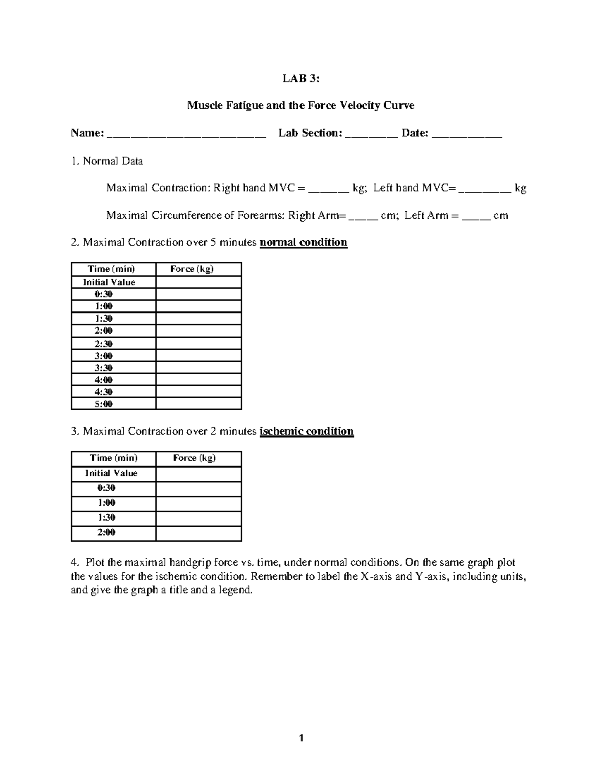 KNS 480 Lab Worksheets - LAB 3: Muscle Fatigue and the Force Velocity ...