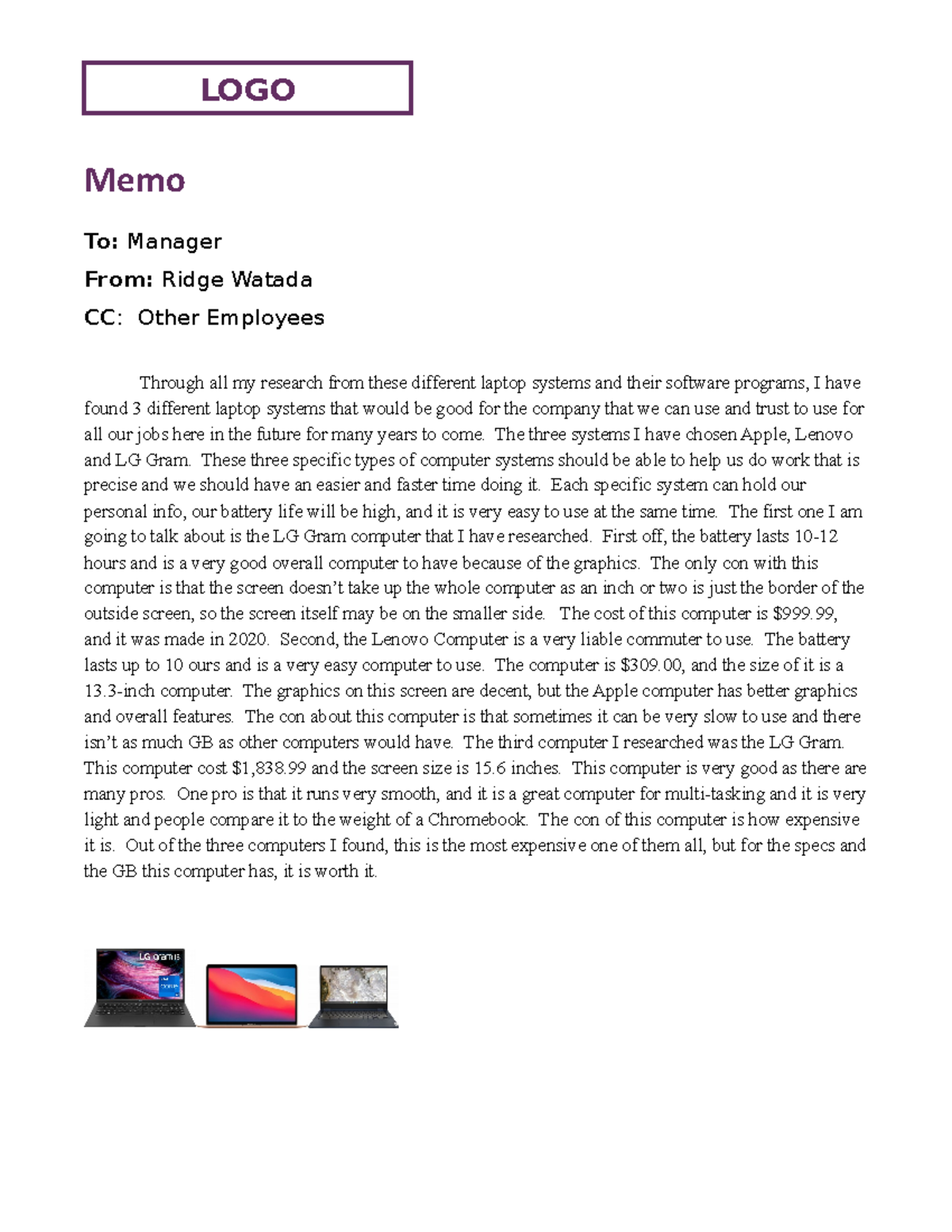 BIT-200 Demo - Demo for test - Memo To: Manager From: Ridge Watada CC ...