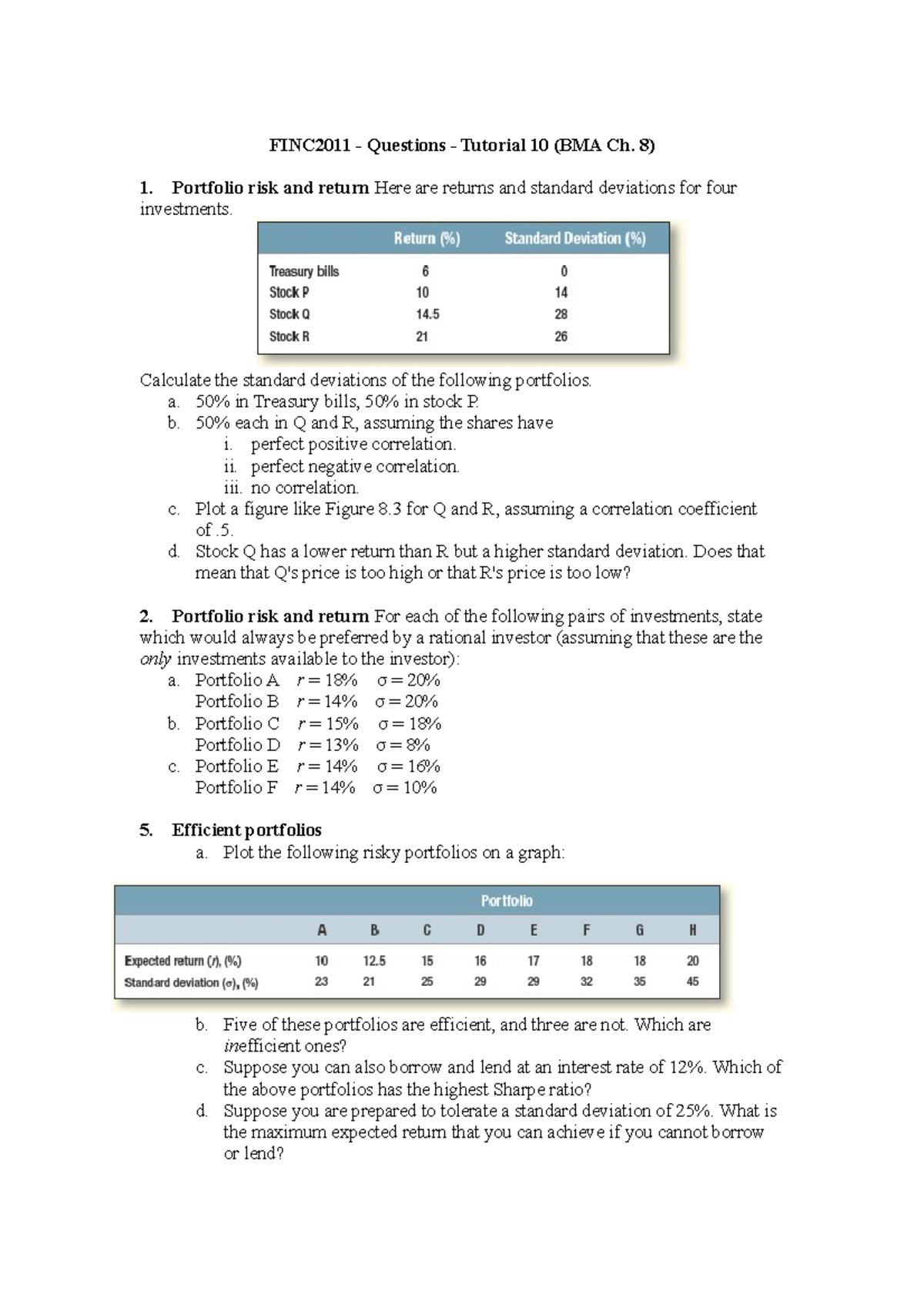 FINC2011 Tutorial 10 Questions - FINC2011 - Questions - Tutorial 10 ...