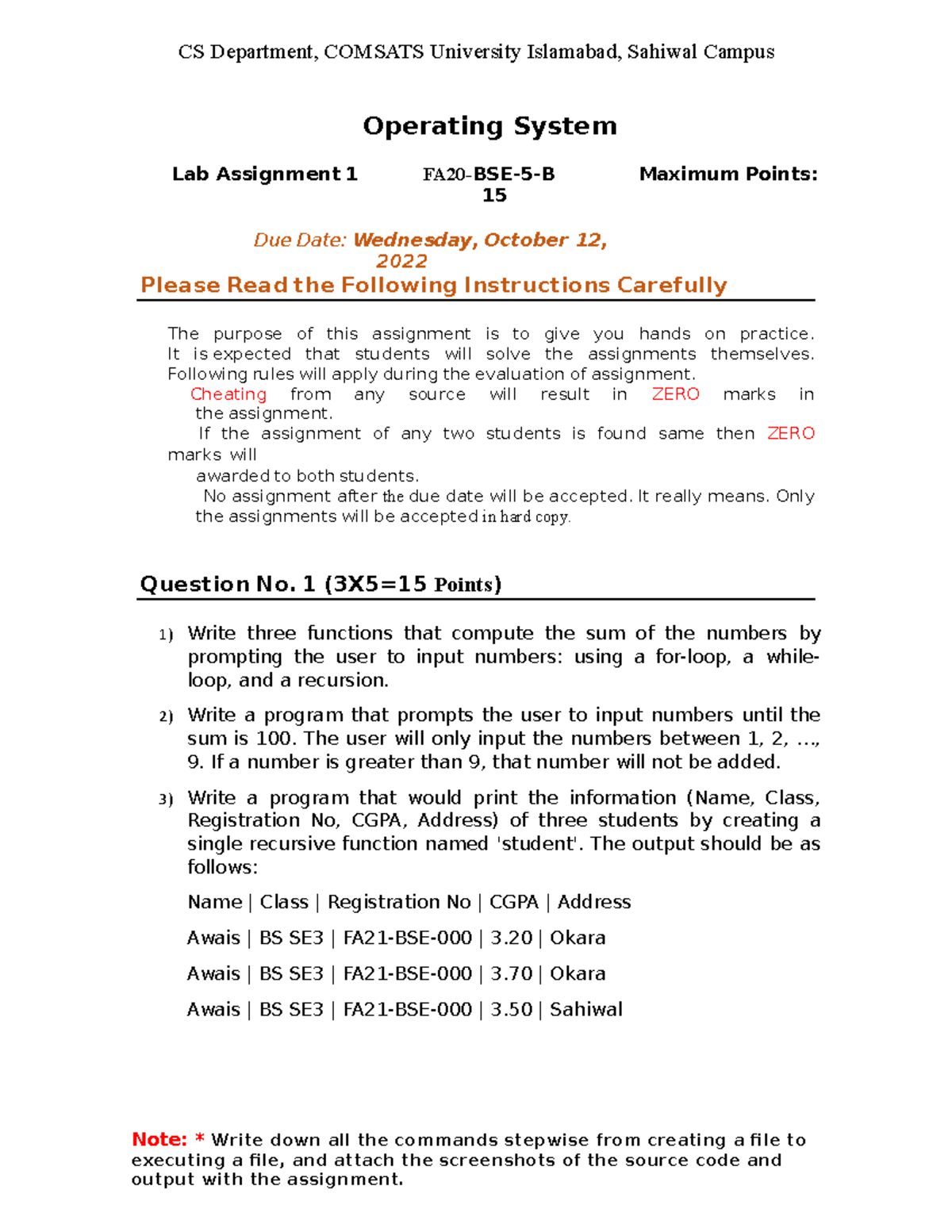 Assignment No. 1 - CS Department, COMSATS University Islamabad, Sahiwal Campus Operating System ...
