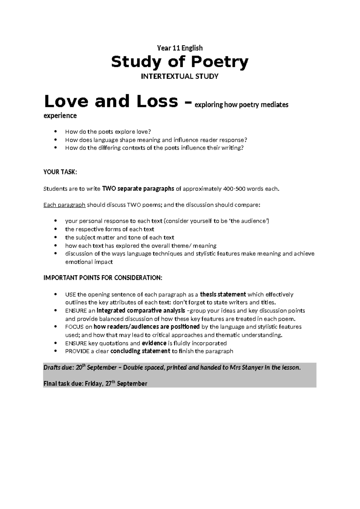 Summative Task - Poetry Intertextual Task 2024 - Year 11 English Study ...