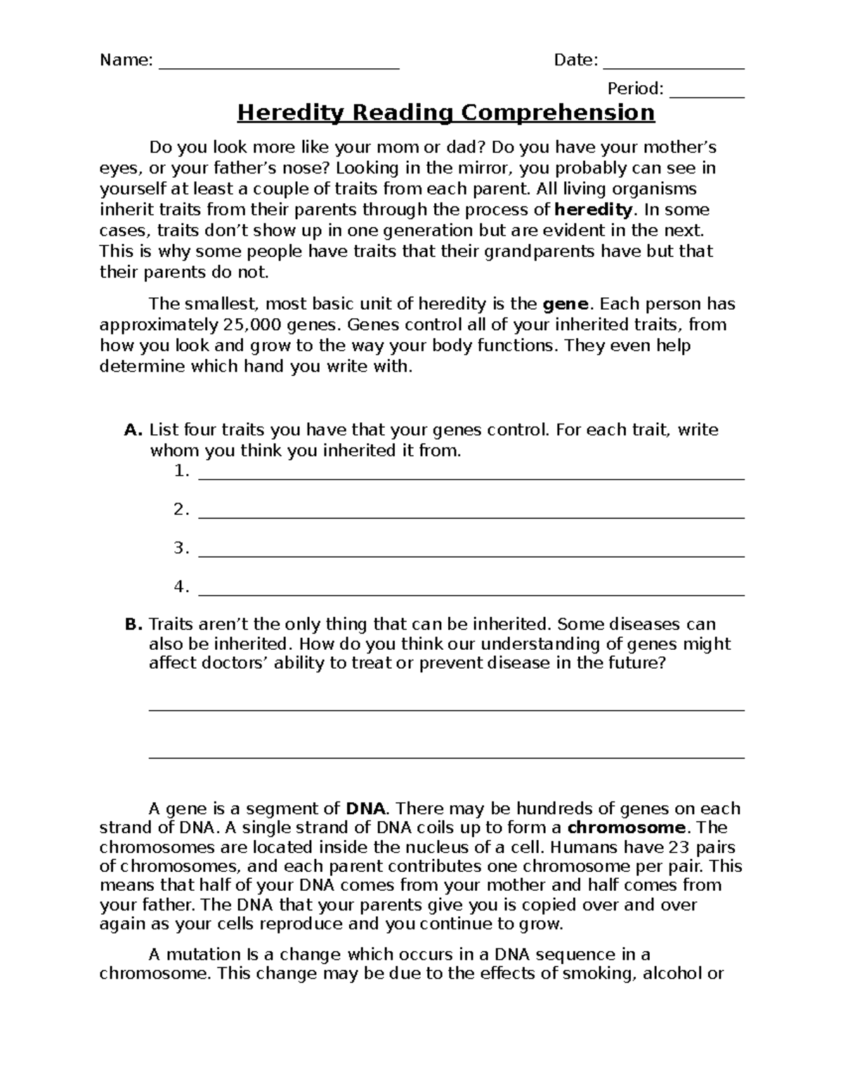 Heredity Reading Comprehension: Genes Traits and Inheritance - Studocu