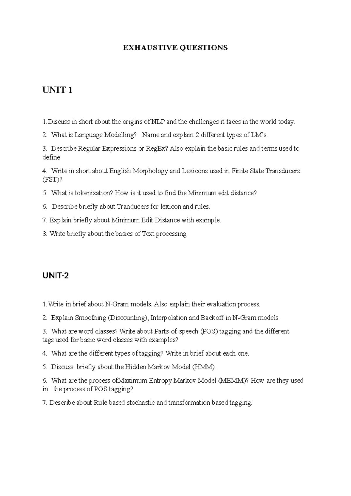 natural language processing notes - EXHAUSTIVE QUESTIONS UNIT- 1 in ...