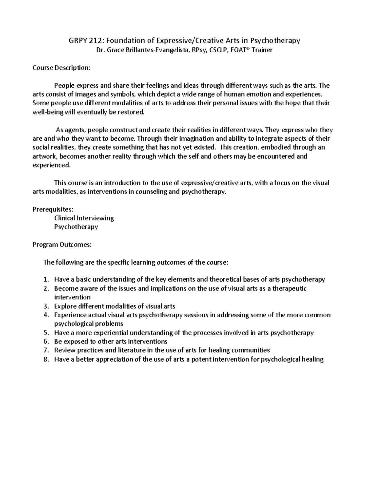 Expressive arts in psychotherapy and counseling. course outline-revised ...