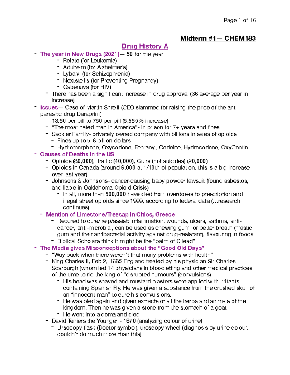 Midterm 1-Chem183 - Midterm #1— CHEM Drug History A - The year in New Drugs (2021)— 50 for the ...